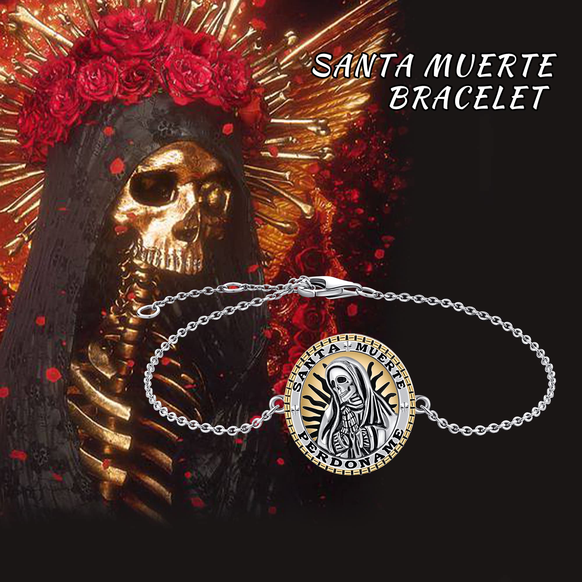 YAFEINI Santa Muerte Bracelet 925 Sterling Silver Death Charm Jewelry For Women