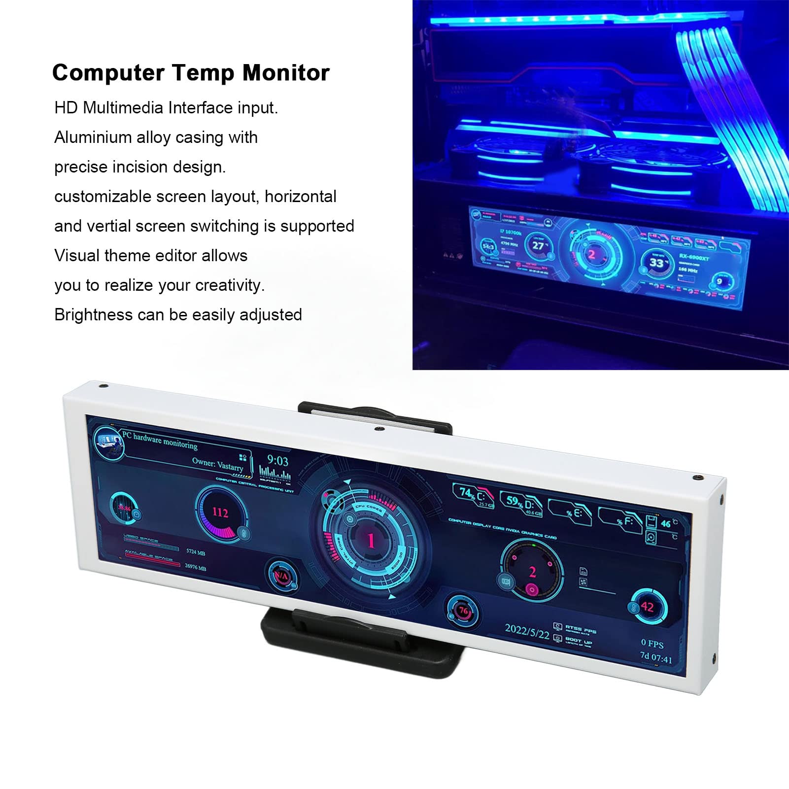 Zunate 8.8 Inch IPS USB Mini Screen, AIDA64 PC CPU HDD Data Computer Temp Monitor, 1920x480 PC Sensor Panel Display Temperature Monitor for Linux for Windows