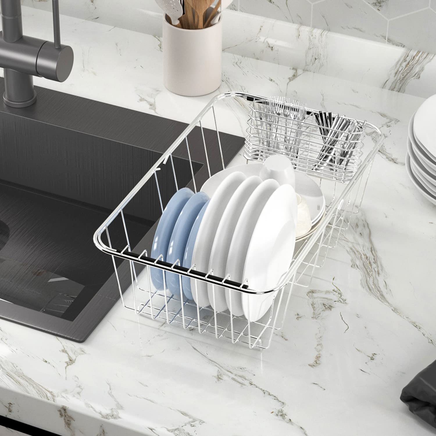 Sink Dish Drying Rack, 304 Stainless Steel Rustproof Expandable Dish Drainer Organizer with Stainless Steel Silverware Holder Over Inside Sink-Adjustable 14.96" to 20.59" (Maximium 11 Upright Dishes )