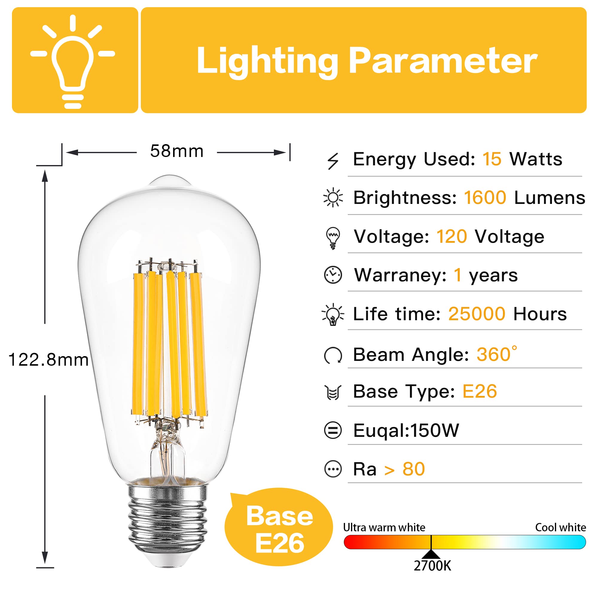 ST58 Edison Light Bulb 15W Vintage LED Bulb Dimmable LED Filament Bulbs 150W Equivalent ,Hight Brightness 1600LM Light Bulbs,E26 Base, Warm White 2700K, Clear Glass for Home Bathroom Kitchen,Pack of 3