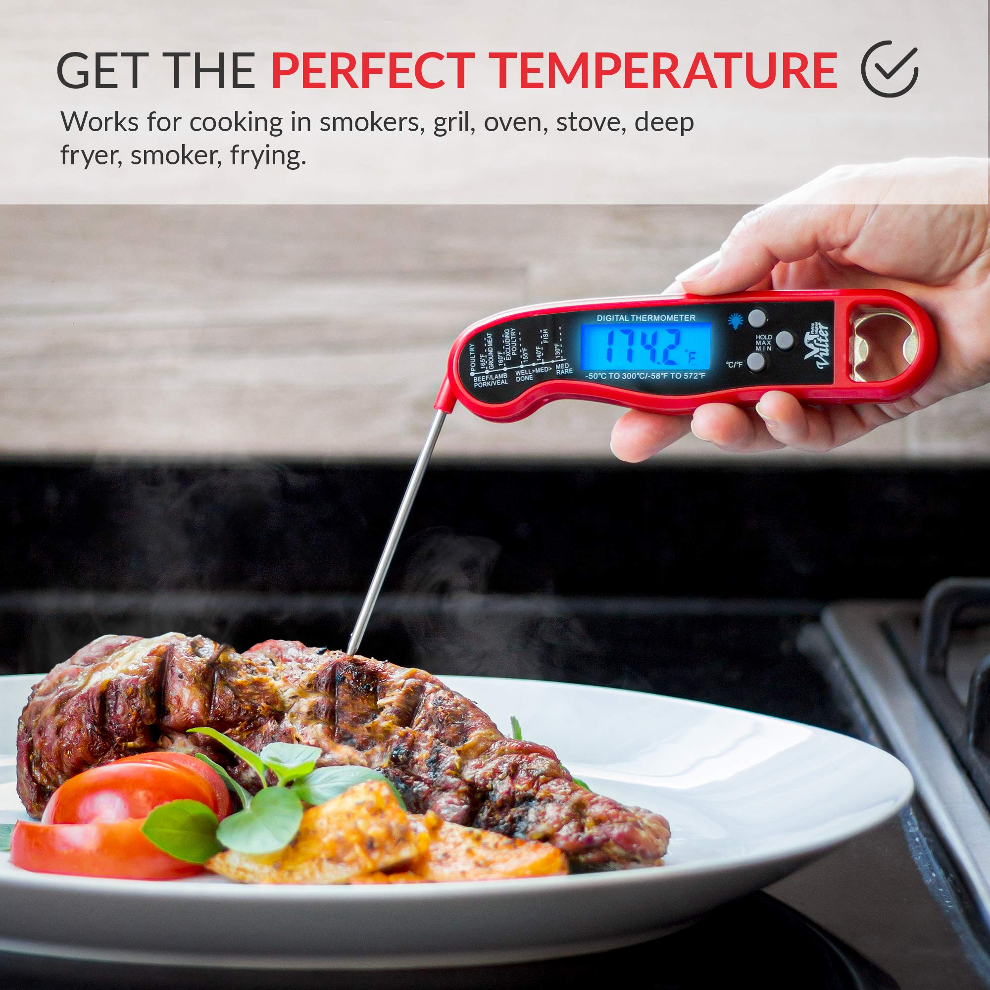 Vulter | Gift Box Digital Instant Read BBQ Food Thermometer | Unique Christmas, Halloween, Birthday, Gifts for Mom, Men, Woman who has Everything | Red