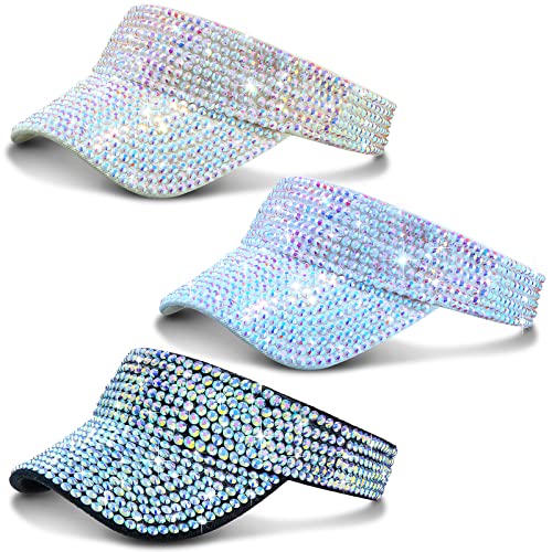 Vicenpal 3 Pcs Glitter Visor Shiny Rhinestones Sport Adjustable Summer Cap Sun Visor Caps for Tennis Cycling Running(Black, White, Beige)