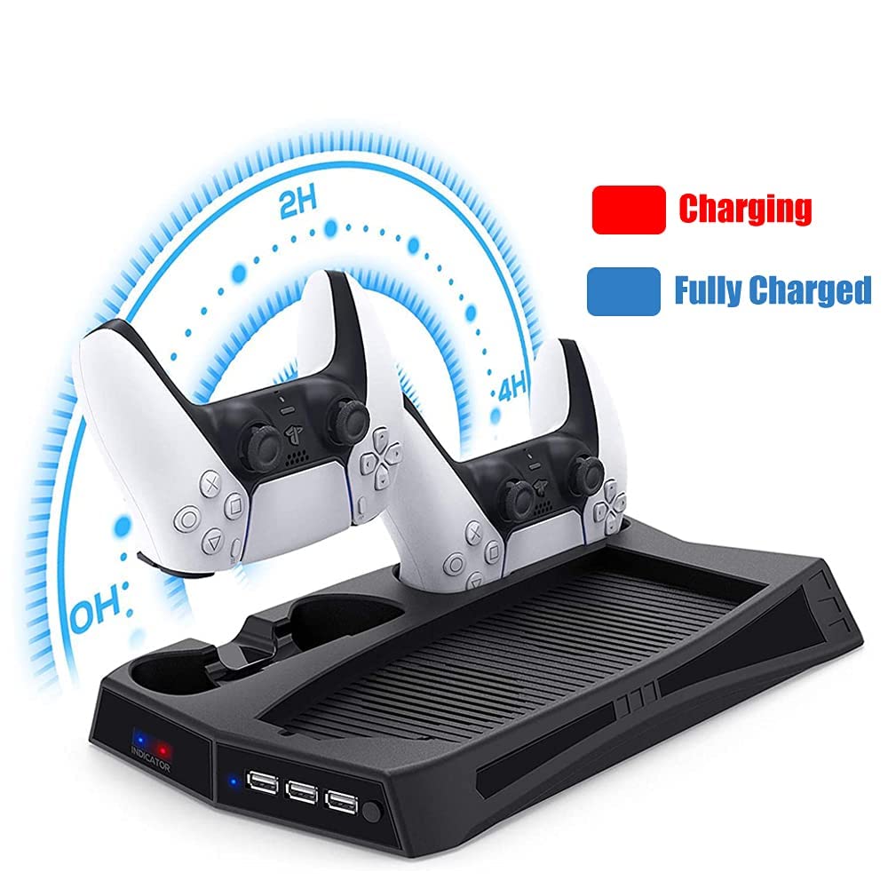 PS5 Cooling Fan Station Vertical Stand Accessories with Dual Controller Charger and 14 Retractable Game Card Storage