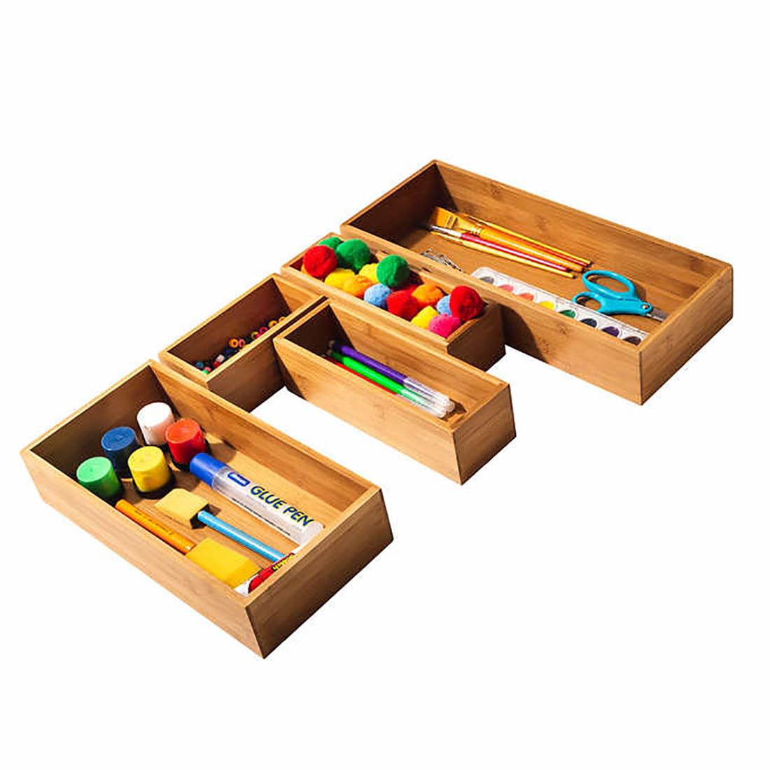 SANABI Classics 10-piece Bamboo Storage Box Organizer Set, Versatile Dividers Cutlery Holders Bins Containers, for Kitchen Silverware, Pantry, Closet, Office Desk, Pens, Utensils, Makeup, K Cup