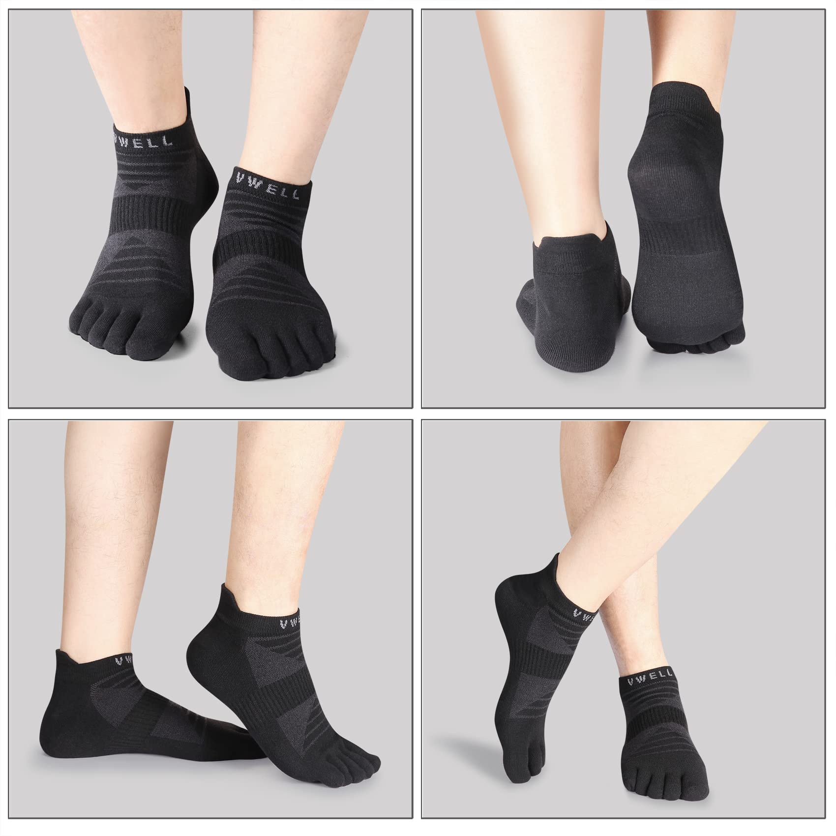 VWELL Toe Socks for Men Women Coolmax Five Socks, High Performance Finger Ankle Running 5 3 Pairs, Black, 7-10