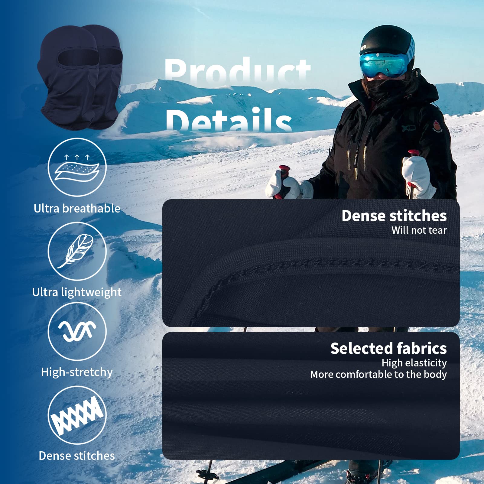 YESLIFE 2 Pieces Ski Mask, Balaclava Face Mask for Men and Women – Skiing, Snowboarding, Motorcycle, UV Protection & Wind Protection (Dark Blue+Black)