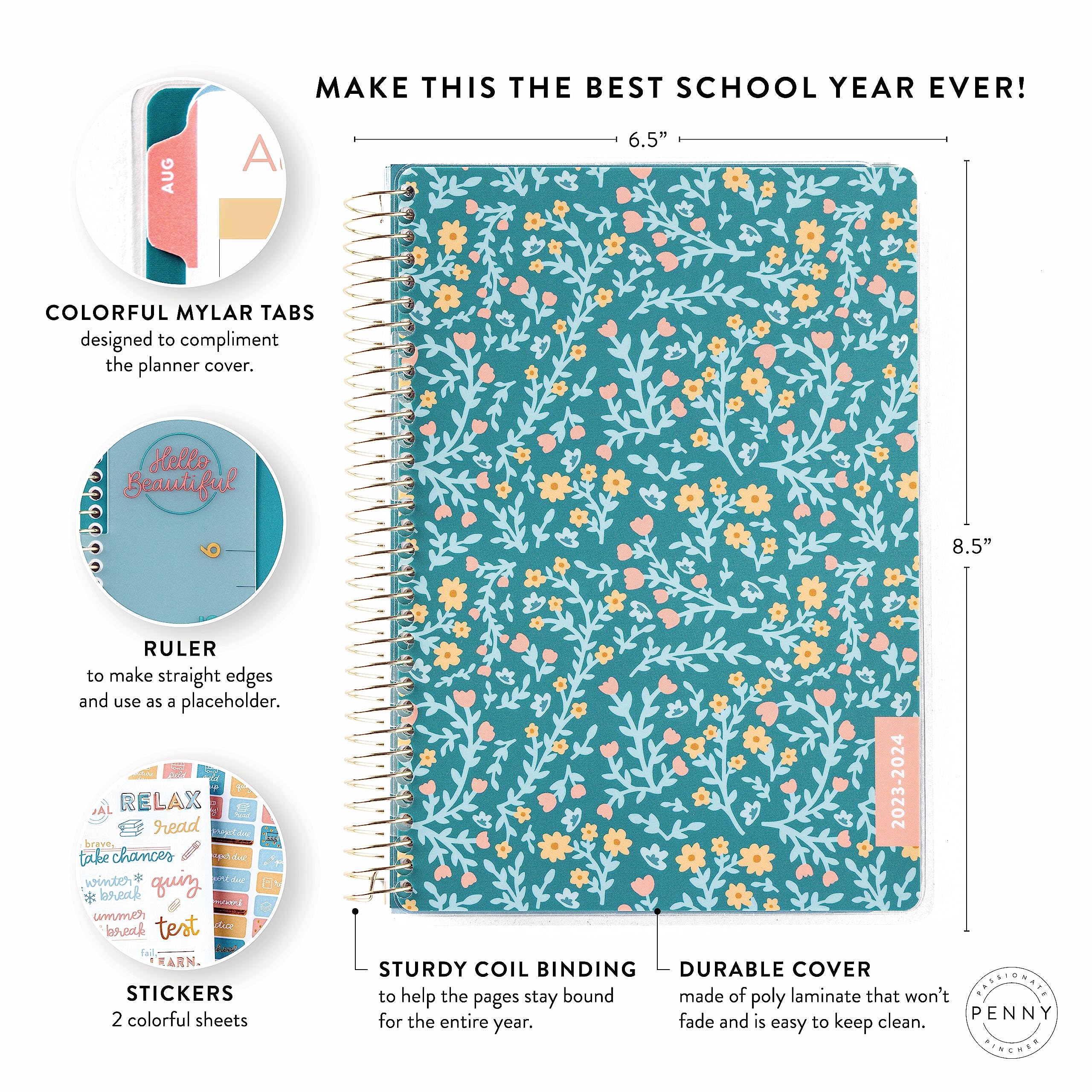 PPP Academic Planner 2023-2024 (Floral) - Student Planner | Weekly & Monthly Checklist | Class Schedule Layout | Budget & Savings Worksheets | Sturdy Coil Binding w/Stickers | Poly Laminated Coverā¦