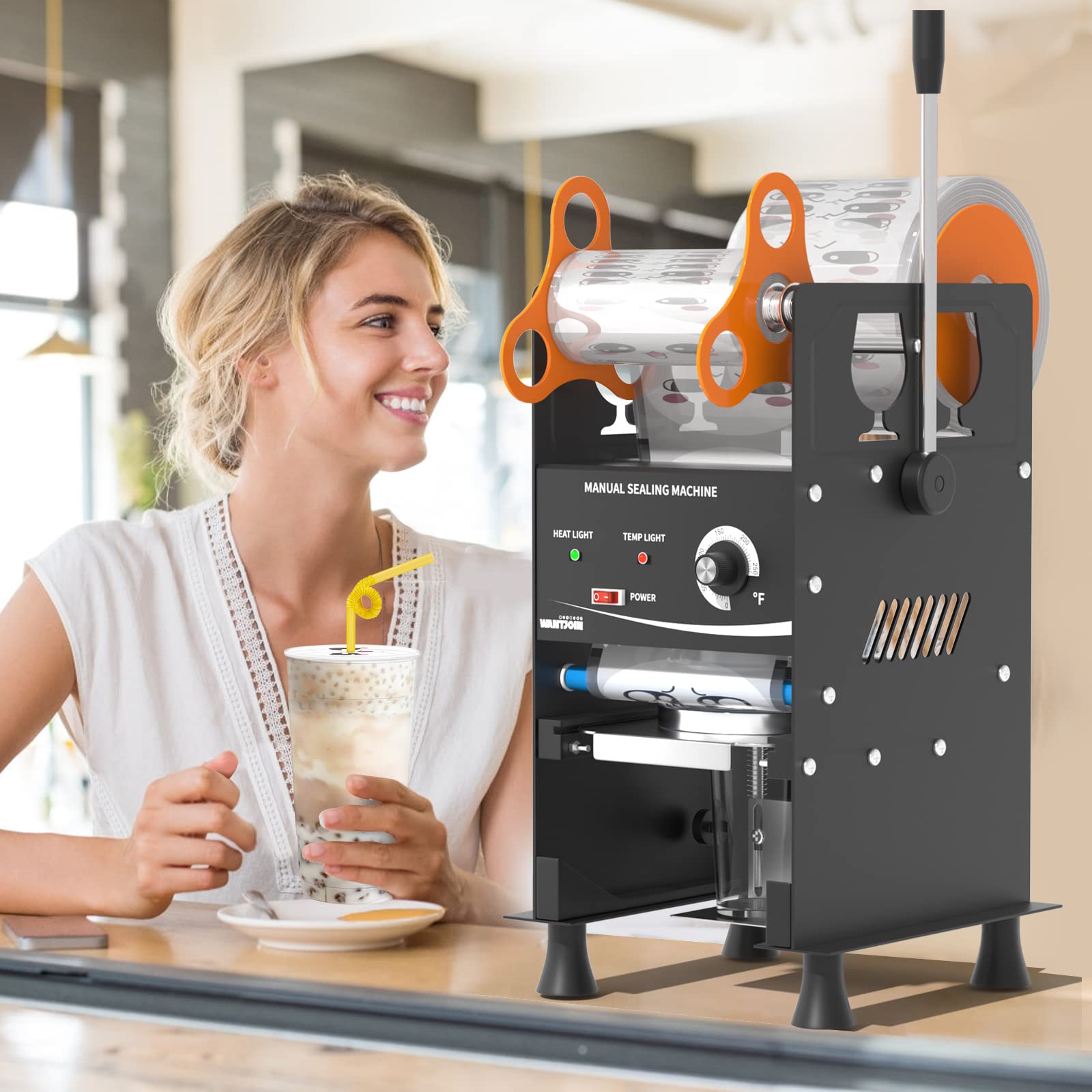 WantJoin Manual Cup Sealing Machine 300-500 Cups/h Electric Boba Tea Cup Sealer for 180mm Tall 90mm/95mm Diameter Cup Adjustable Temperature Cup Sealer
