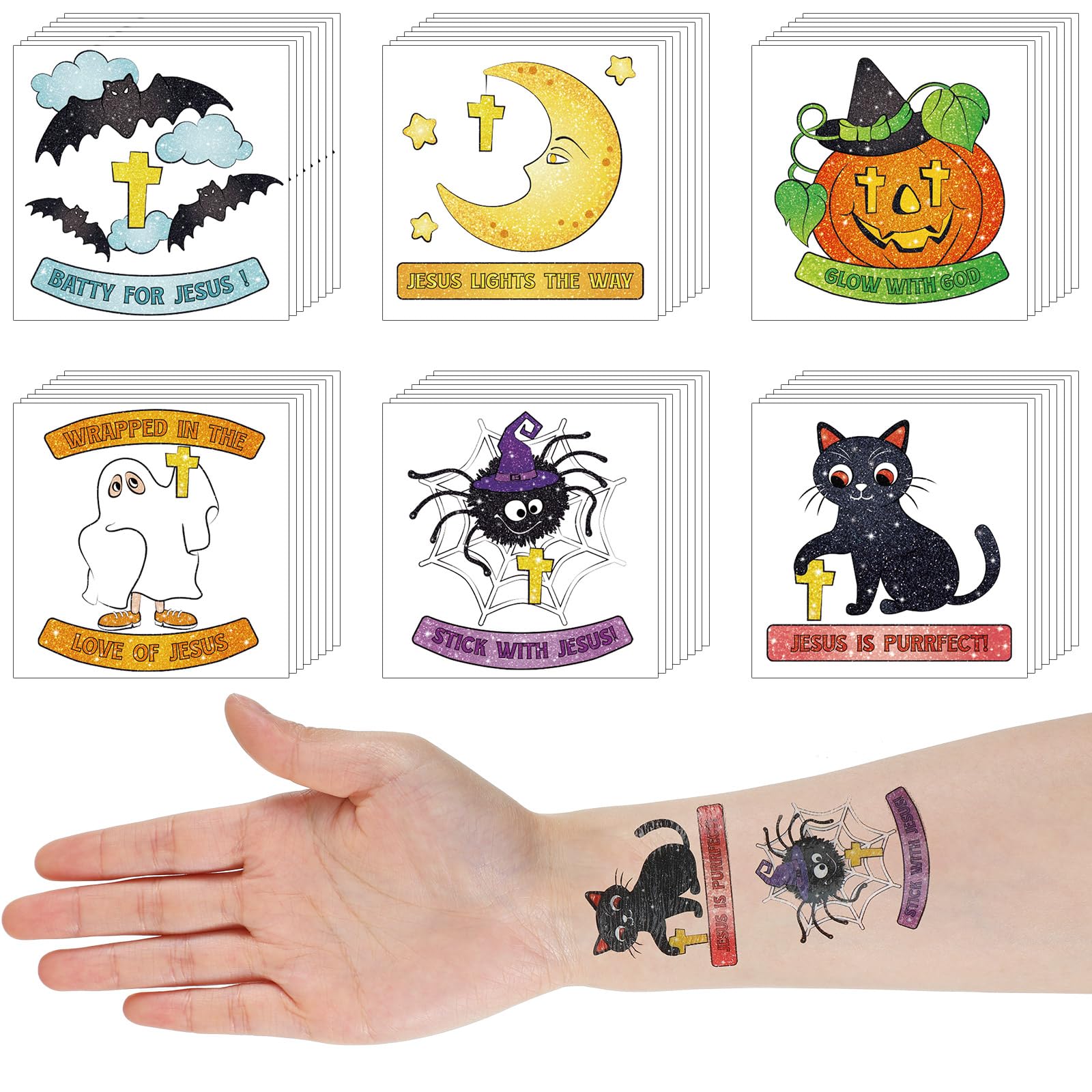 Sinmoe 120 Pcs Glitter Religious Halloween Temporary Tattoos for Kid Christian Temporary Tattoos Stickers Bible Verse Tattoos Temporary Cross Pumpkin Ghost Halloween Party Favors for Kid Men Women