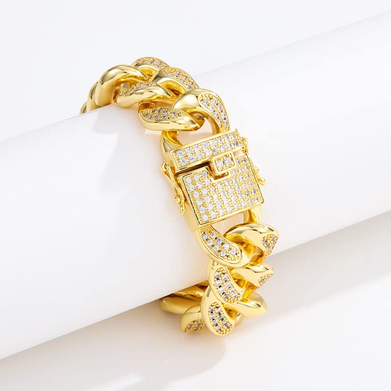 Tevemy 18mm Cuban bracelet 18k or White Gold Plated Zirconium Cuban Miami Cuban Bracelet for Men