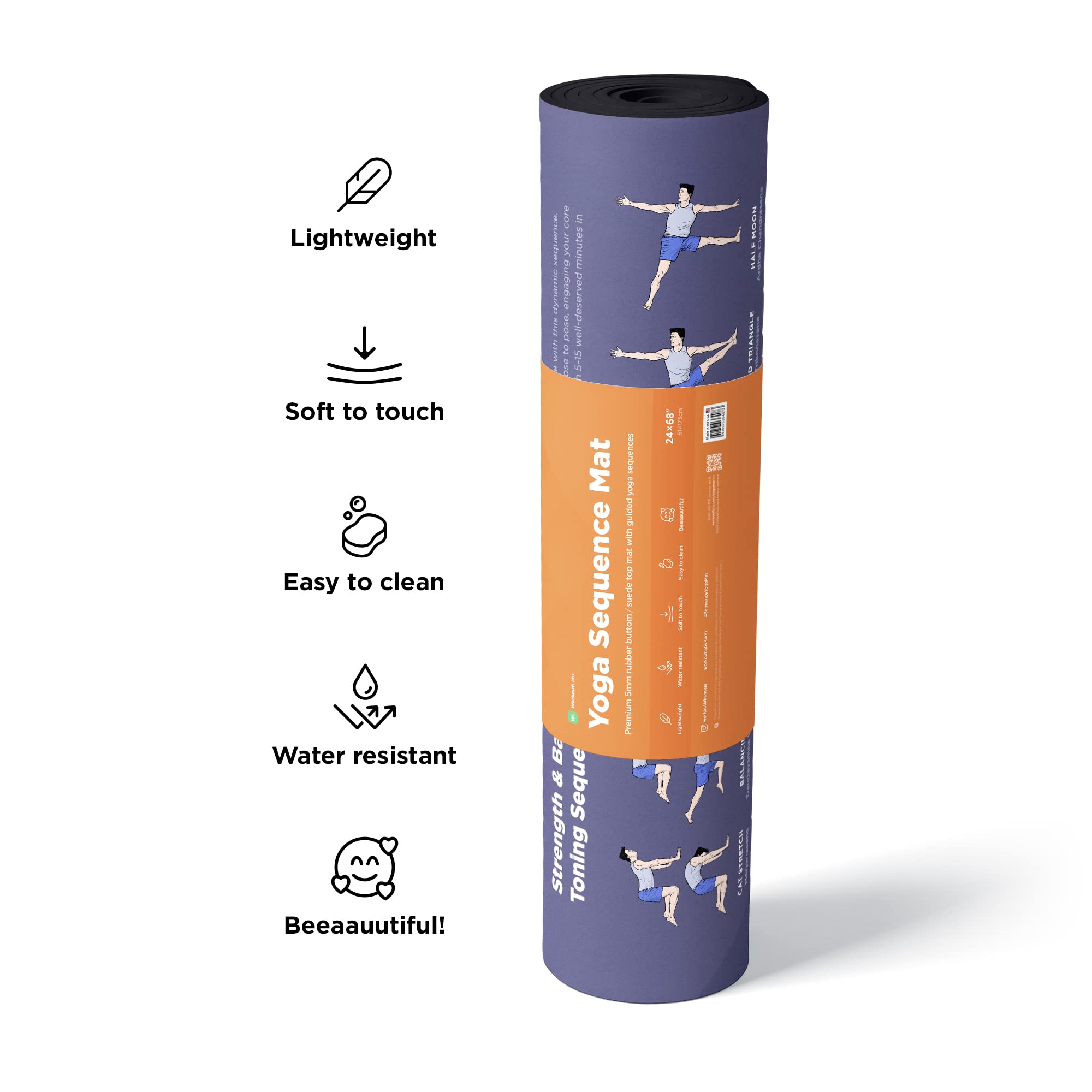 WorkoutLabs Premium Yoga Sequence Mat with Strap – Suede Top & NonSlip Rubber Bottom 5 mm Instructional Yoga Mat with Poses & Yoga Sequences Printed, 24” × 68” Exercise Mat with Carrying Strap