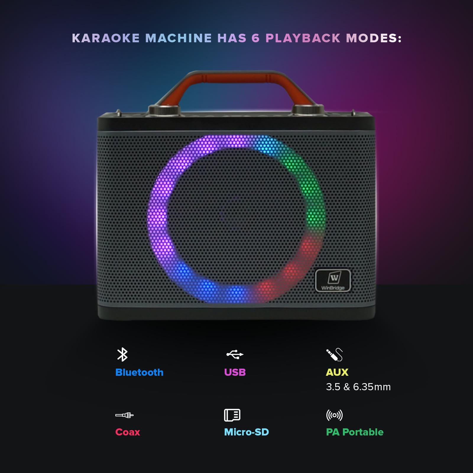WinBridge Bluetooth Karaoke Machine with Two Wireless Microphones for Adults Kids, Karaoke Speaker with LED Lights,Portable PA Speaker System for Sing Party, Wireless Voice Amplifier for Teachers T8