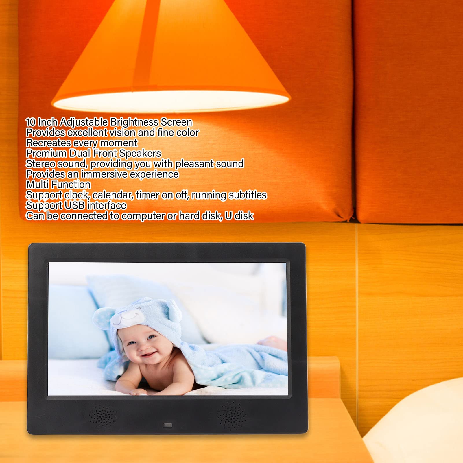 Smart Digital Photo Frame Adjustable Brightness Black Electronic Album Video Music Remote Control 100β240V 10 Inch with Clock Calendar for Bedside Table (US Plug)