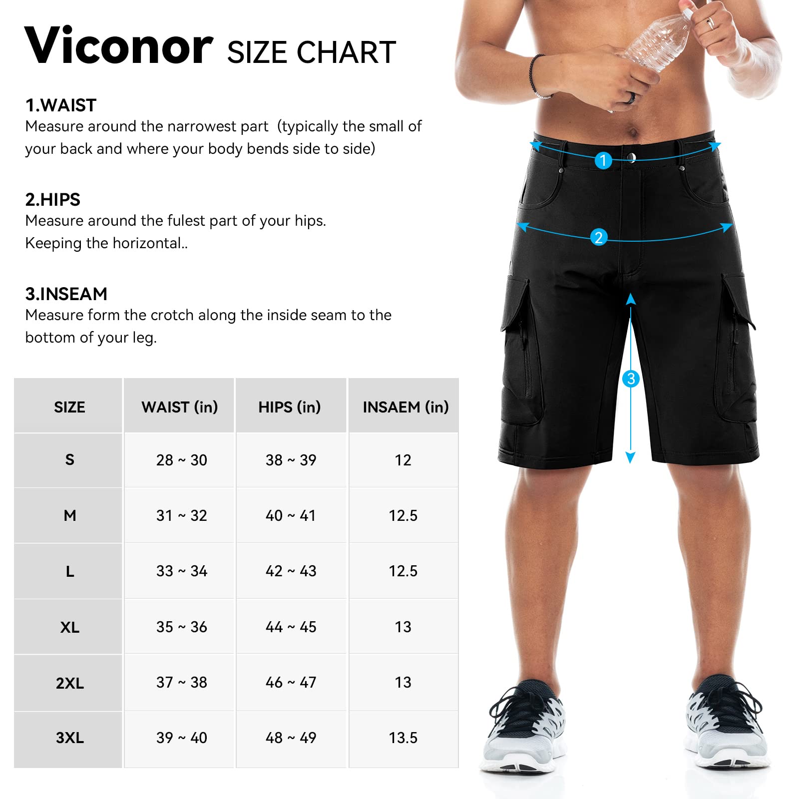 Viconor Mens Cargo Shorts Relaxed Fix with Pockets Hiking Shorts for Men Work Shorts Quick Dry Breathable Trekking,Traveling,Mountain Climbing(Black,X-Large)