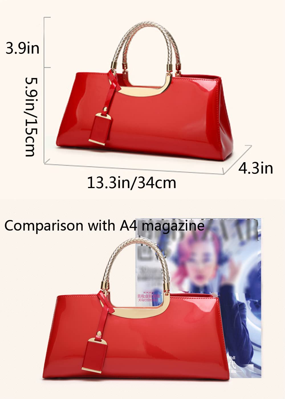 YAQUNICER Top-handle Handbags Purse Tote for Women Patent PU Satchel Gloss Wedding Shoulder Crossbody Bag-Wine