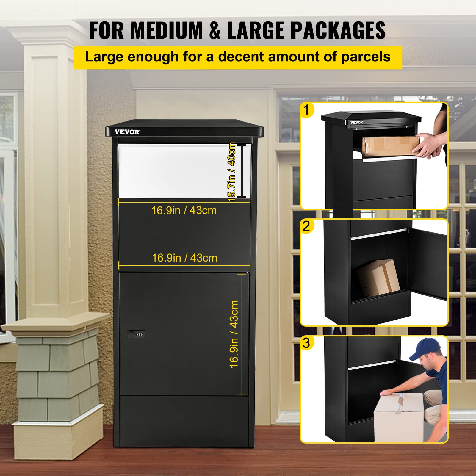 VEVOR Package Delivery Box, 18.9'' x 12'' x 44'', Galvanized Steel Parcel Mail Drop Box w/Code Lock & Mounting Hardware, for Outdoor Porch, Curbside, Large