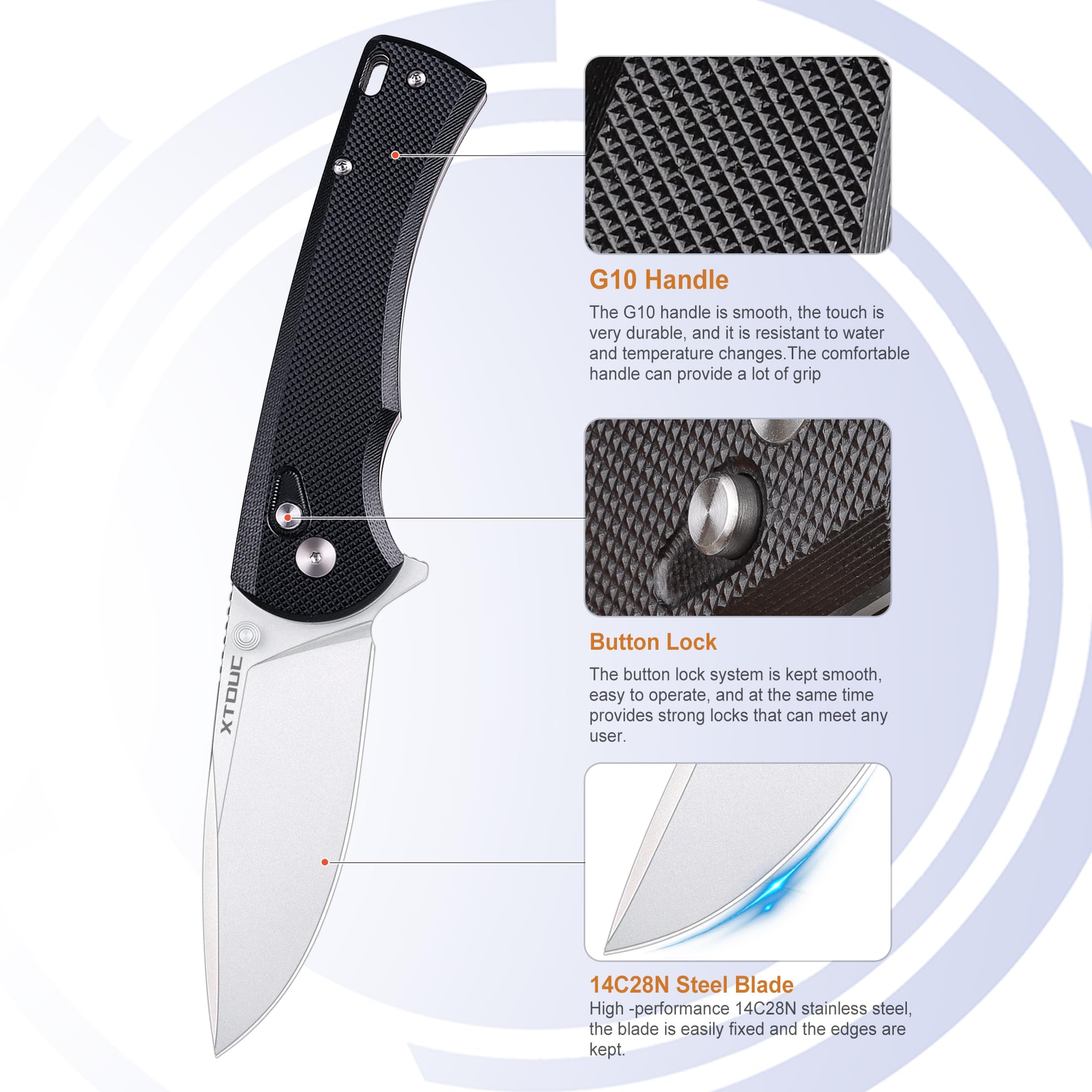 XTOUC Folding Knife EDC Pocket Knife: Button Lock 14C28N Blade Lightweight G10 Handle Camping Knives-Outdoor Hiking for Men