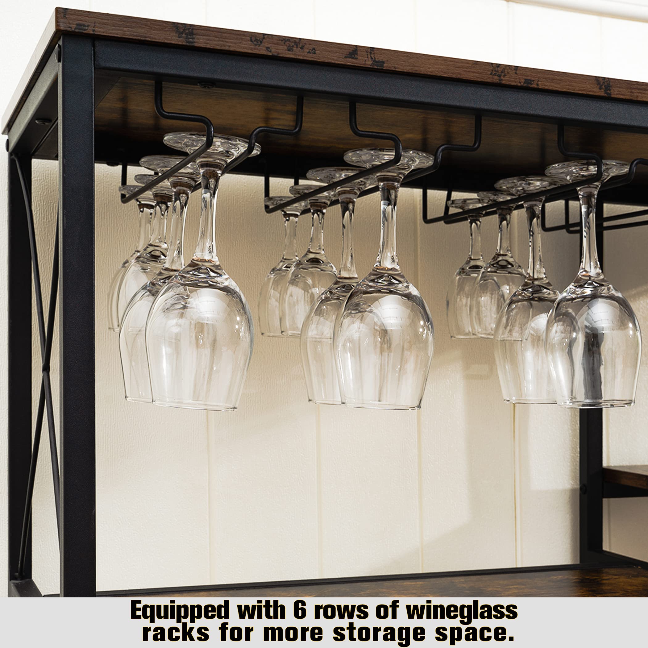 Tektalk Wine Bar Cabinet Wine Rack Freestanding Table with Glass Holder and Wine Storage for Home Kitchen Dining Room - Rustic Brown