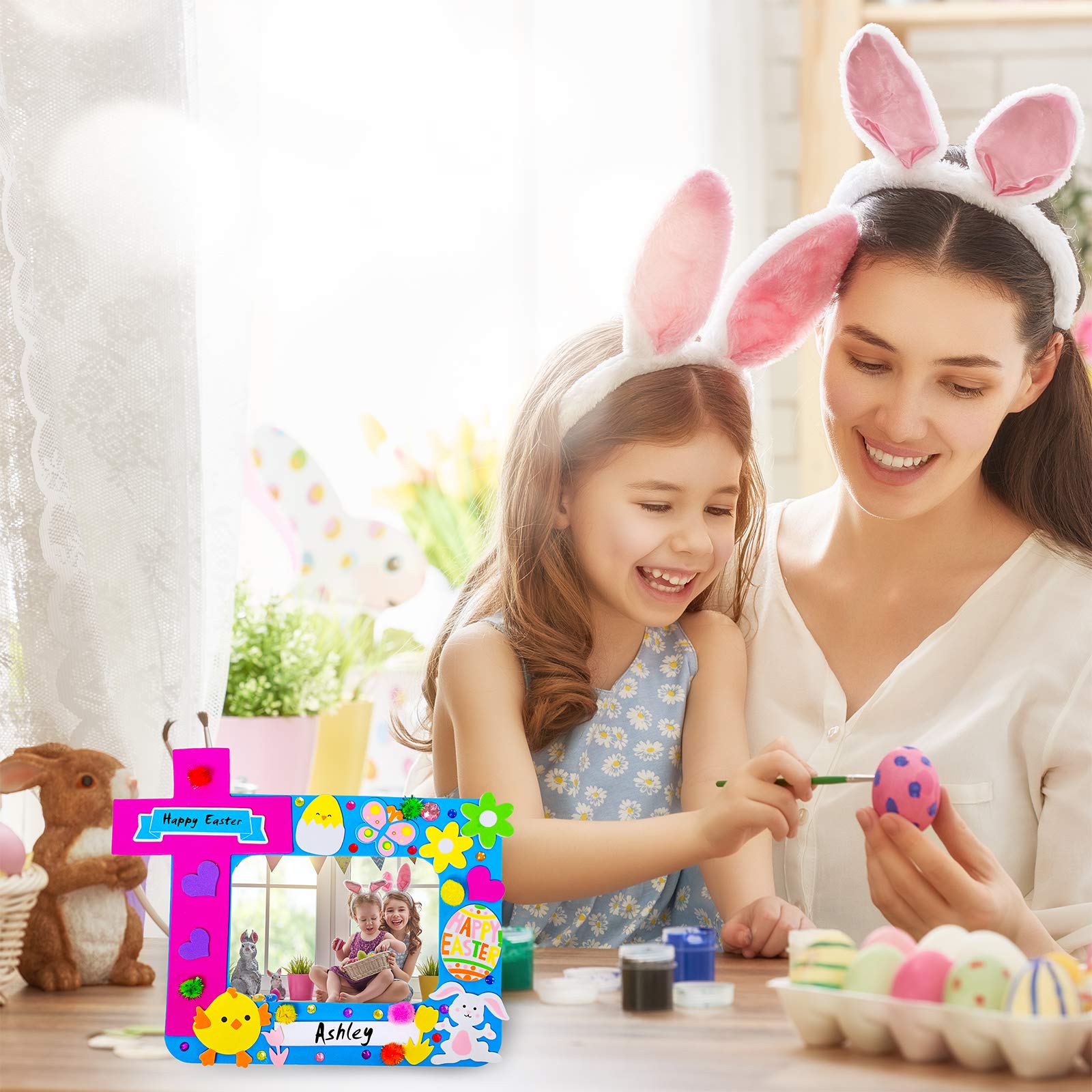 Winlyn 12 Sets Easter Decorations DIY Easter Craft Kits Easter Picture Photo Foam Frame Bunny Egg Chick Cross Stickers for Kids Gift Favors Easter Spring Home Classroom School VBS Activity Art Project