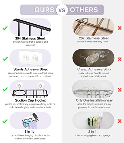 VIS'V 3 in 1 Sink Caddy Sponge Holder, 304 Stainless Steel Adhesive Kitchen Sink Basket Sponge Holder Brush Holder Dishcloth Hanger Kitchen Sink Accessories Organizer Rack with 2 Suction Cups - Black