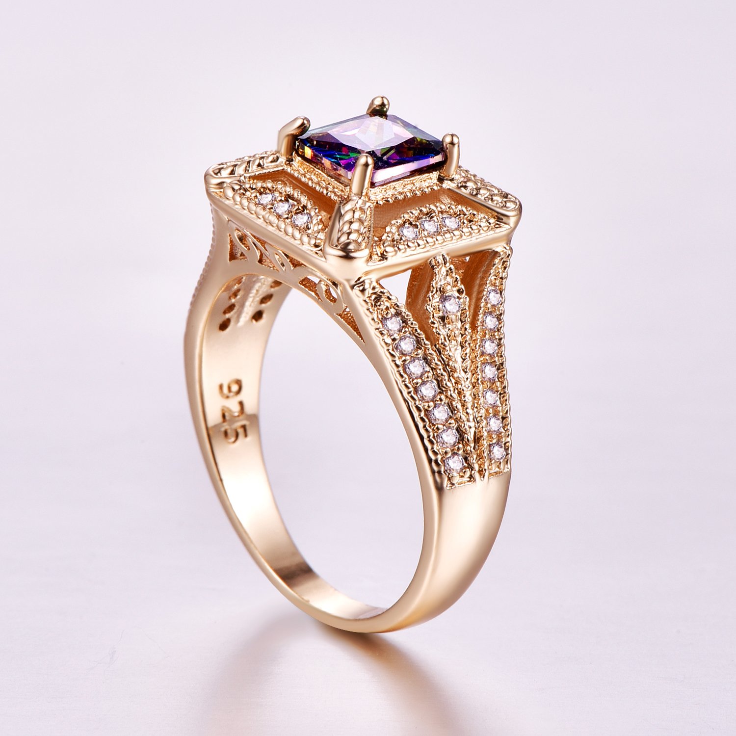 Psiroy Yellow Gold Plated Created Rainbow Topaz Art Deco Statement Rings for Women Size 12