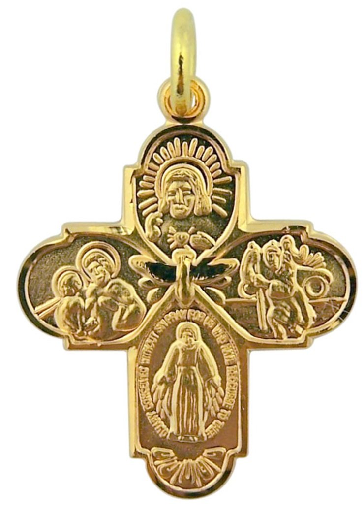 Premium Saint Collection 14K Gold Plate Overlay Sterling Silver Four Way Trinity Cross Medal, 13/16 Inch
