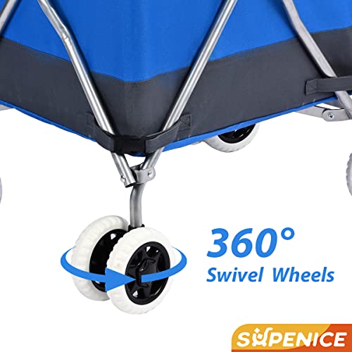 Supenice Folding Grocery Shopping Cart Rolling Utility Cart with 360° Double Front Swivel Wheels Waterproof Removable Canvas Bag with Cover for Laundry Grocery, Shopping, Baggage, Picnic (Blue)