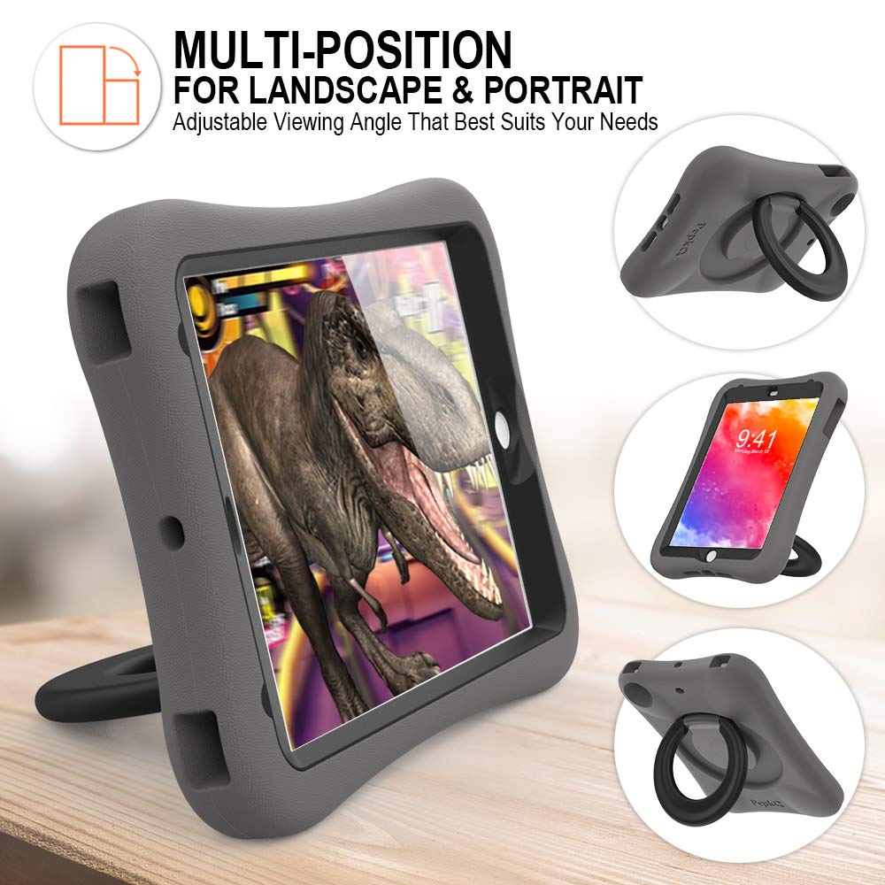 PEPKOO Kids Case for iPad Mini 1 2 3 – Lightweight Flexible, Folding Handle Stand, Full Body Rugged Boys Girls Cover for Apple iPad Mini 1st Generation 2nd Gen 3rd Gen 7.9 inch, Gray Black