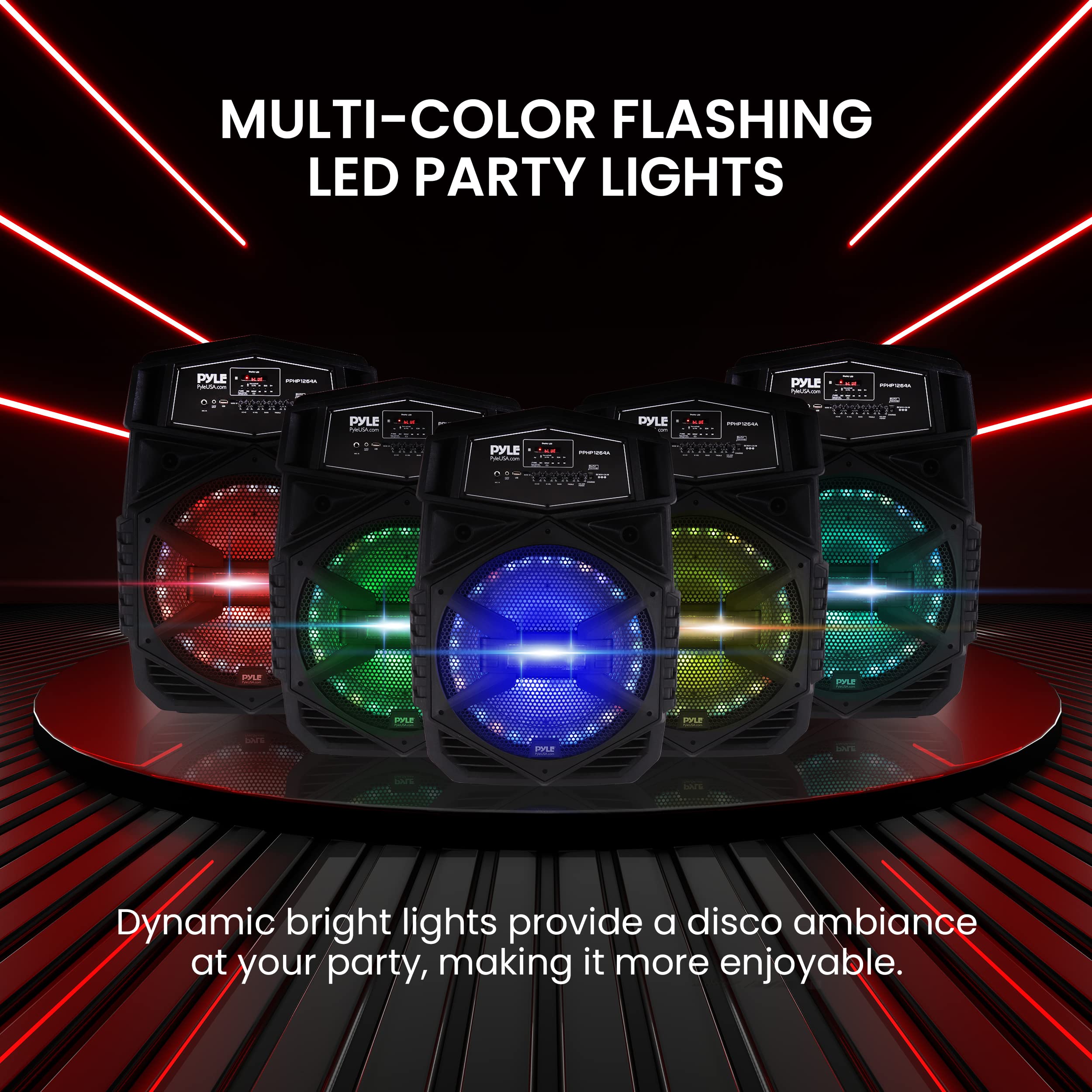 Pyle 12'' Portable Bluetooth Speaker System - 1000W Karaoke Speaker w/ LED Lights, USB/Micro SD/FM/BT/Aux/Remote Control/Mic & Guitar Inputs, Built-in Rechargeable Battery w/ Wheels & Handle Bar