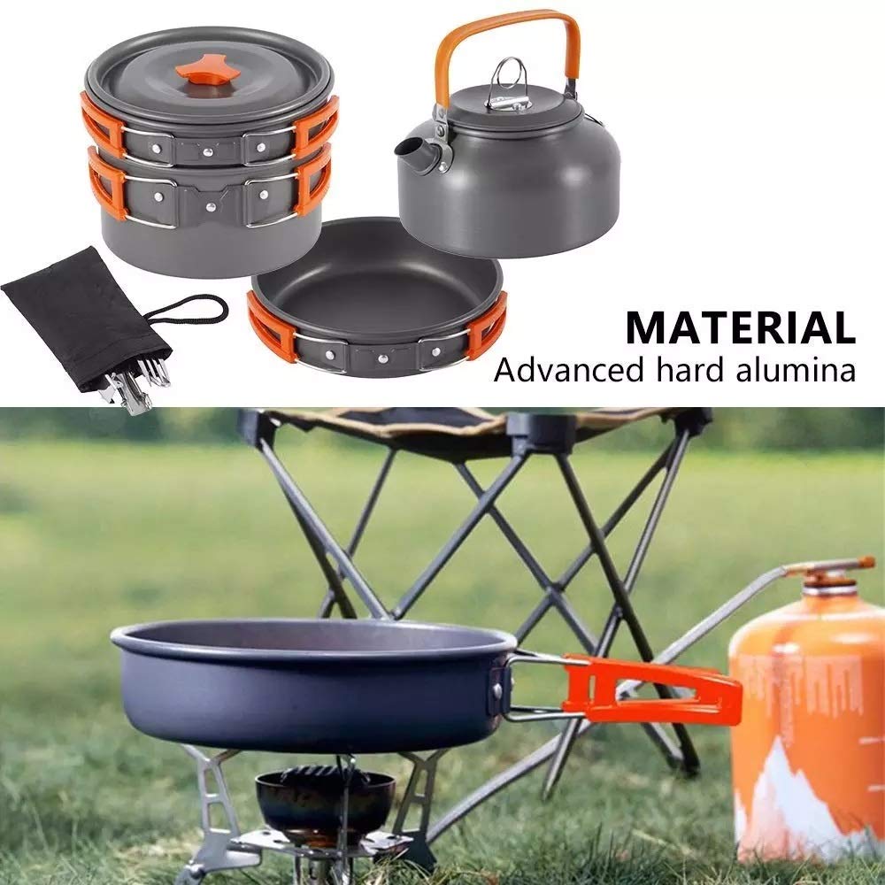 YFDM Camping Cookware Kit Outdoor Aluminum Cooking Set Water Kettle Pan Pot Travelling Hiking Picnic BBQ Tableware Equipment