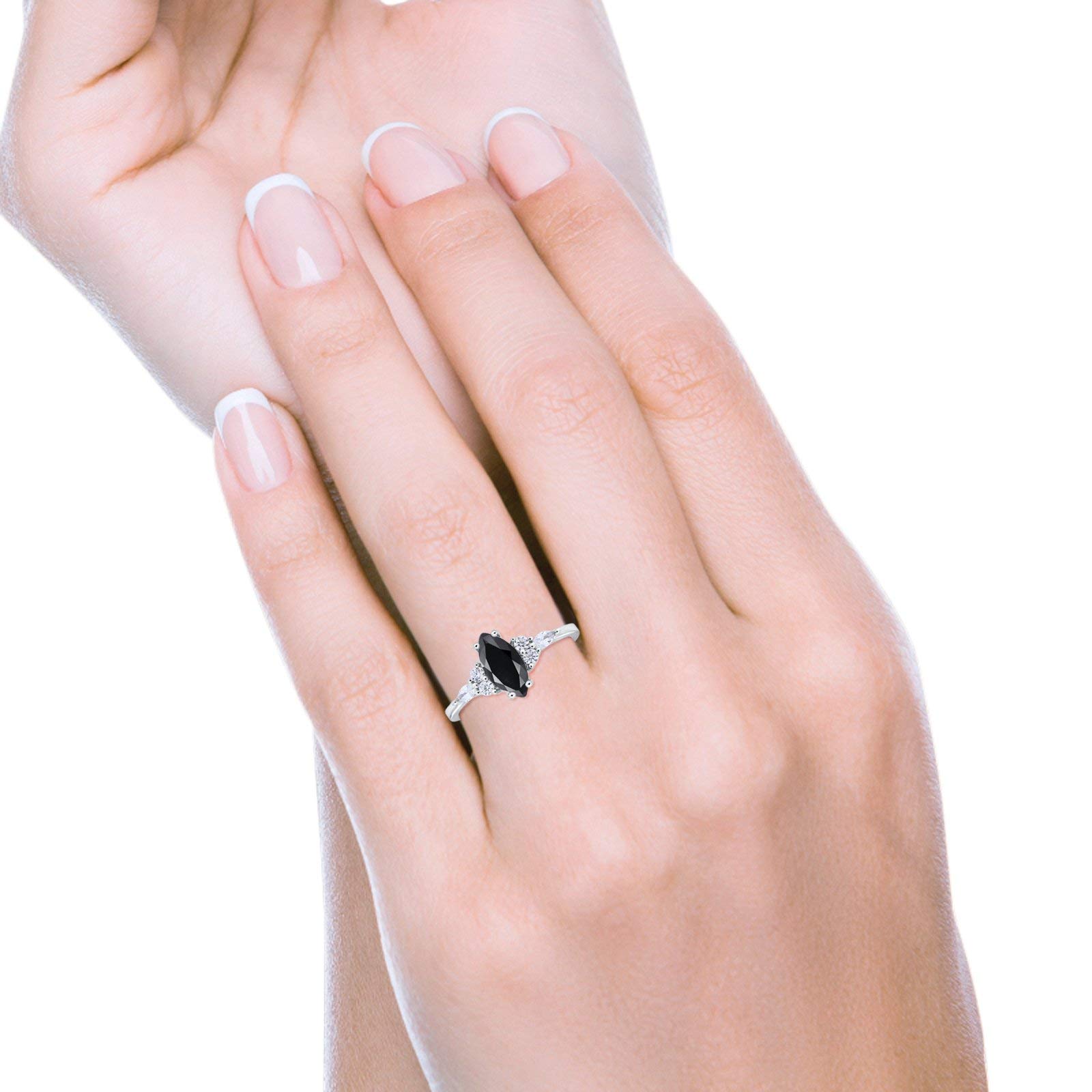 Simulated Black Cubic Zirconia Size-9 Art Deco Vintage Style Marquise Wedding Engagement Bridal Ring Round Simulated Cubic Zirconia 925 Sterling Silver