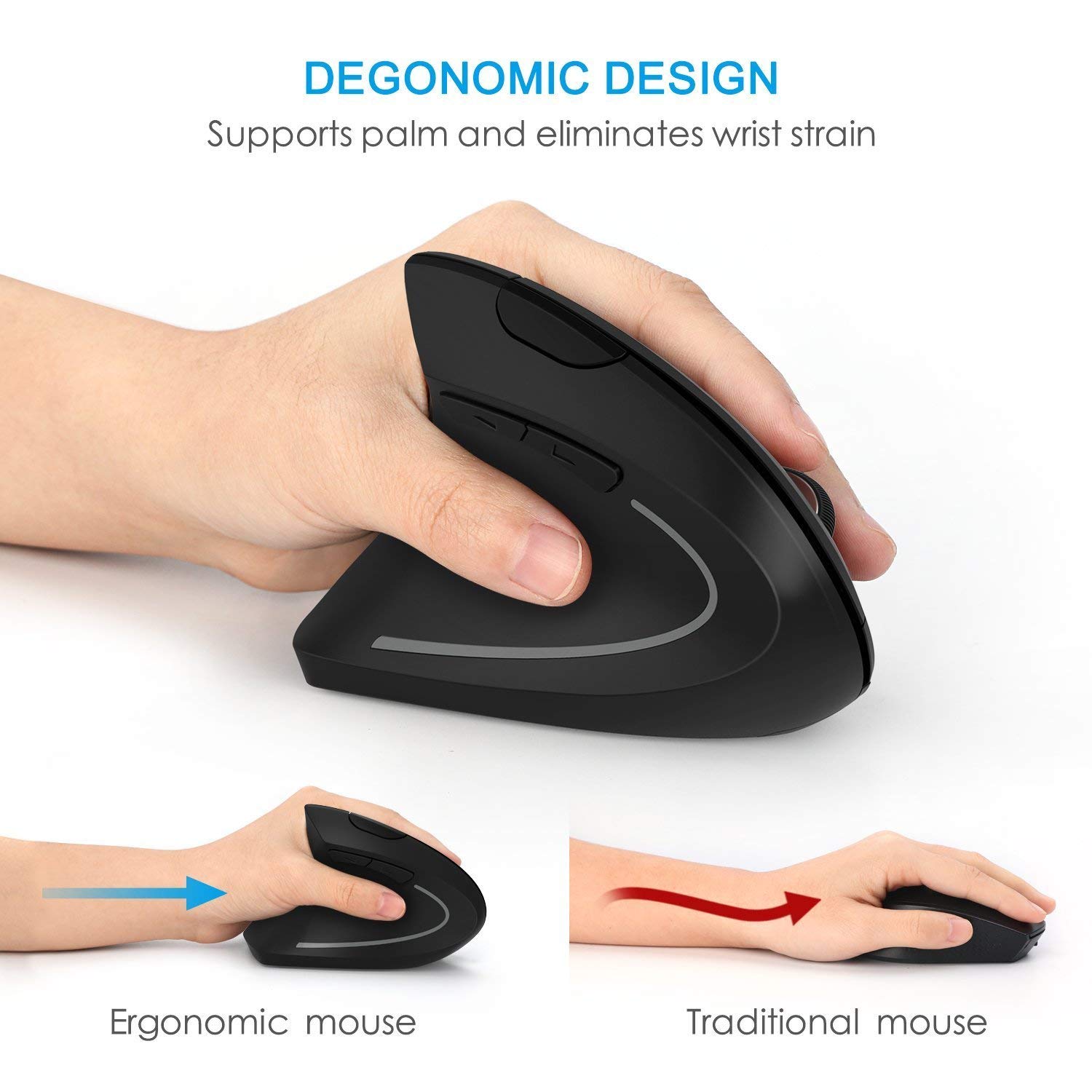 Rechargeable Left Handed Cordless Mouse, Left Ergonomic Wireless Mouse - 2.4G Left Hand Vertical Mice with USB Nano Receiver, 6 Buttons, Adjustable DPI 1000/1200 /1600, Less Noise - Black