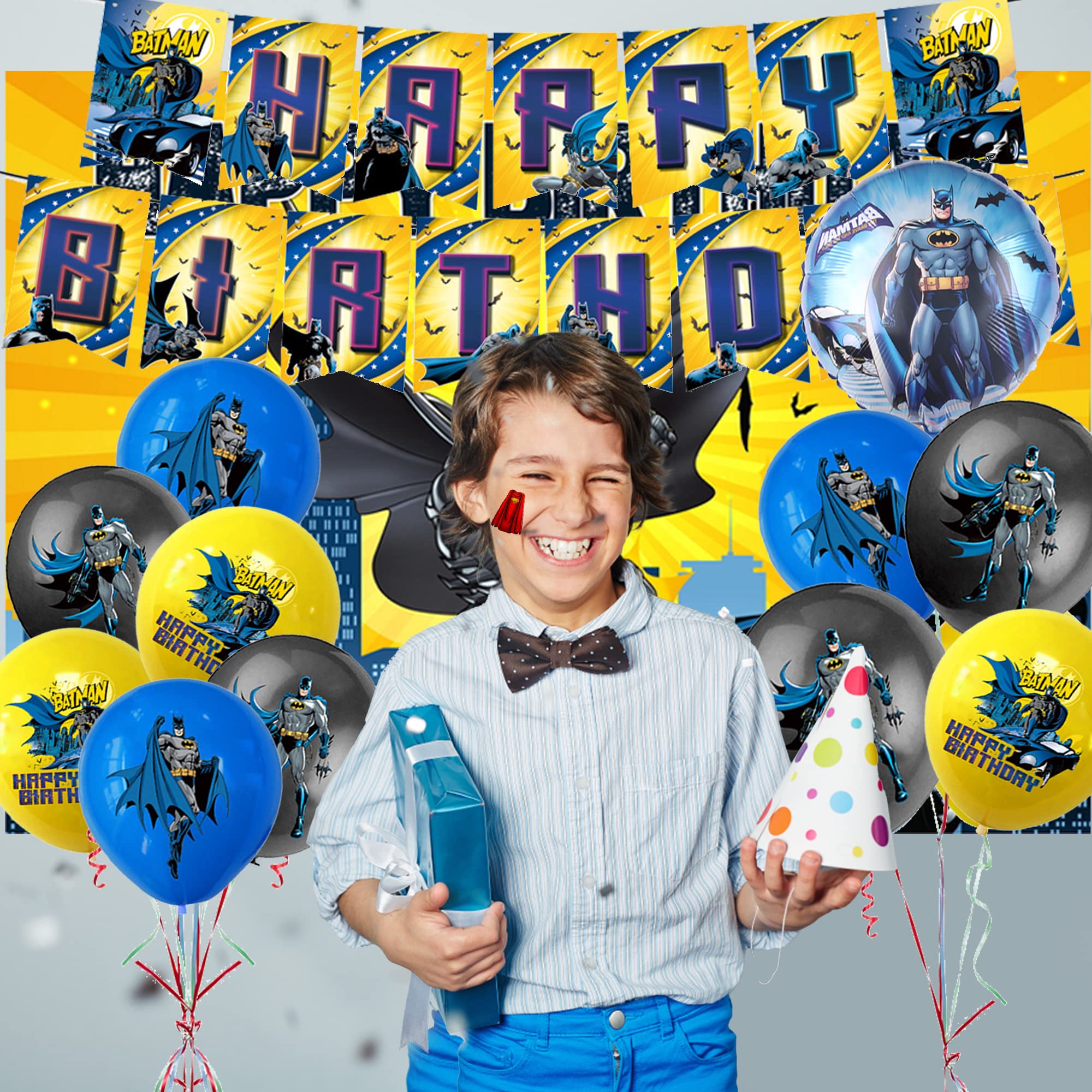 Superhero birthday party supplies, 192 Pcs Party Decorations Set Include Happy Birthday Banner, Sticker, Tableware, Plates, Table Cover, Swirls, Balloons