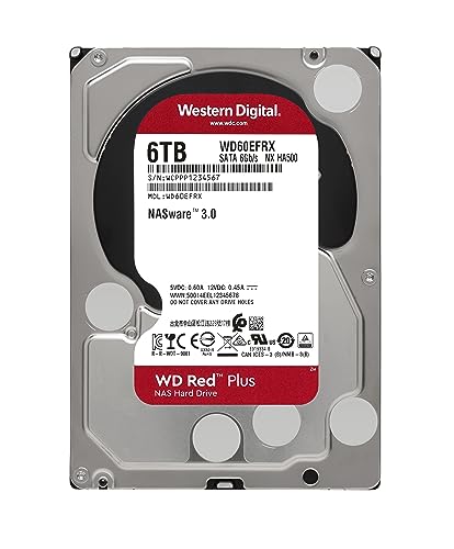 Western Digital 6TB WD Red Plus NAS Internal Hard Drive HDD - 5400 RPM, SATA 6 Gb/s, CMR, 64 MB Cache, 3.5" - WD60EFRX