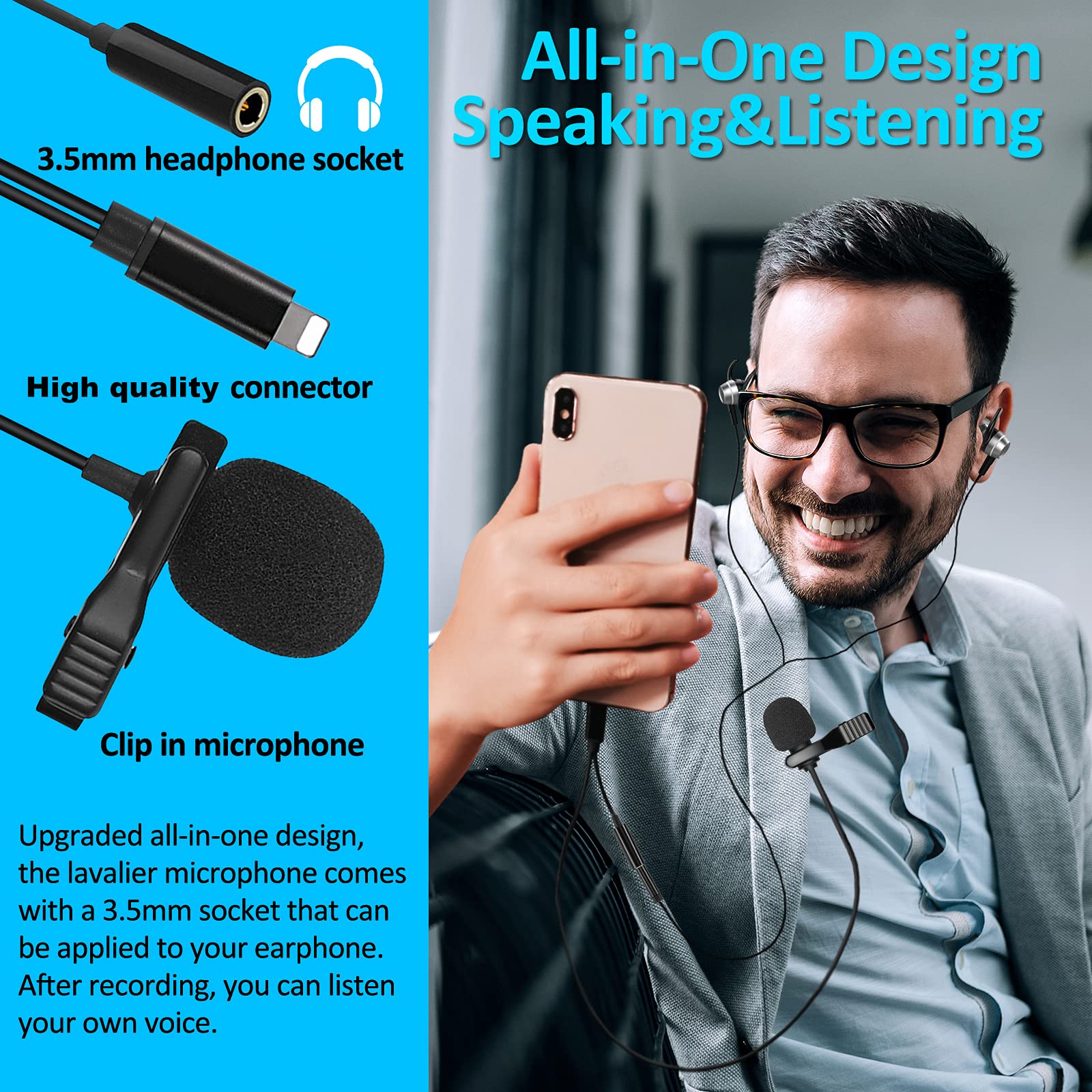 Sinlaku Lavalier Lapel Microphone Compatible with iPhone,Professional Omnidirectional Mini Clip on MIC with Earphone Jack,for YouTube,Video Recording,Compatible with iPhone X/XR/XS/11/8/7/iPad