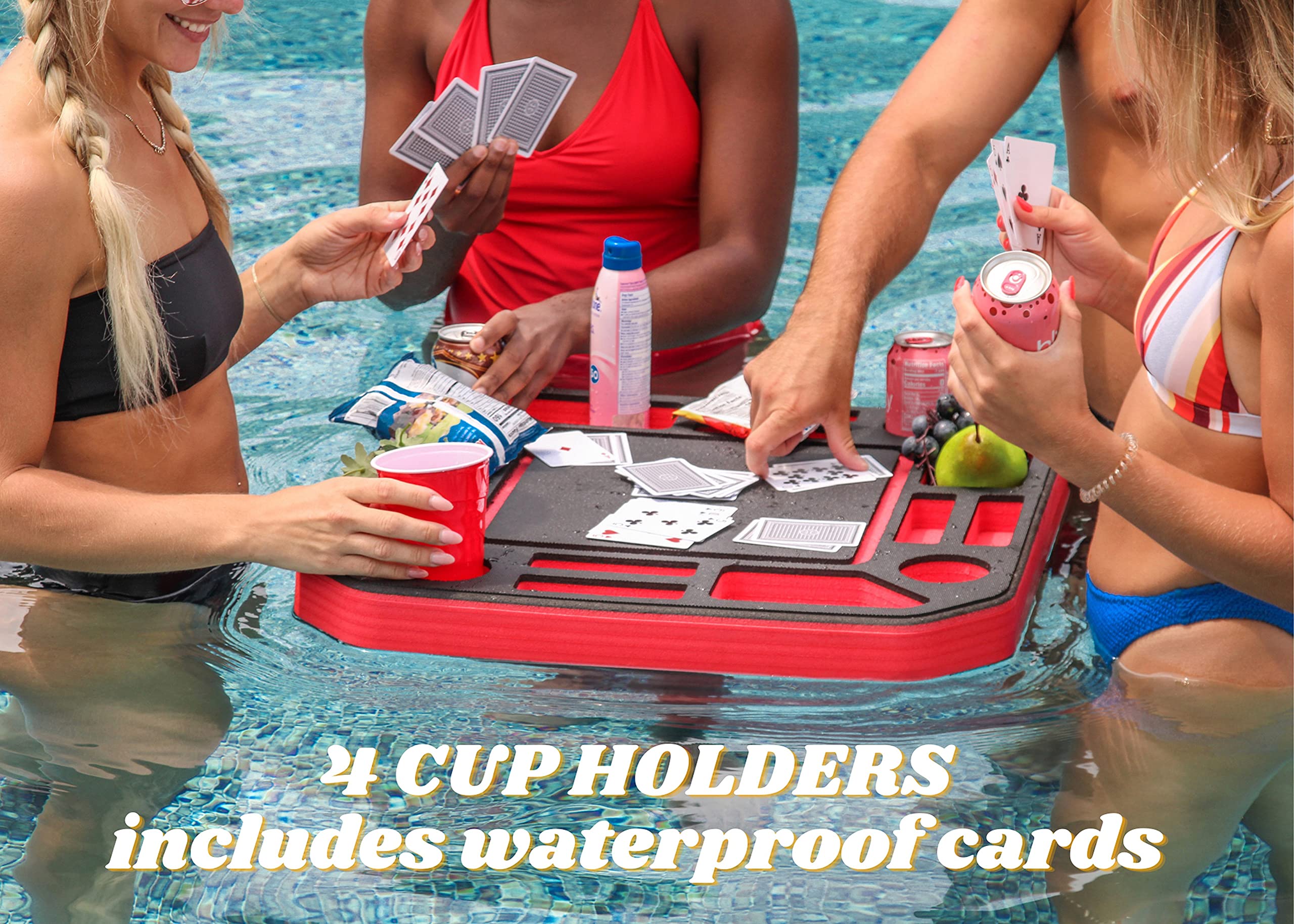 Polar Whale Floating Poker Table Red and Black Game Tray for Pool Beach Party Float Lounge Durable Foam 23 Inch Chip Slots Drink Holders with Waterproof Playing Cards Deck UV Resistant