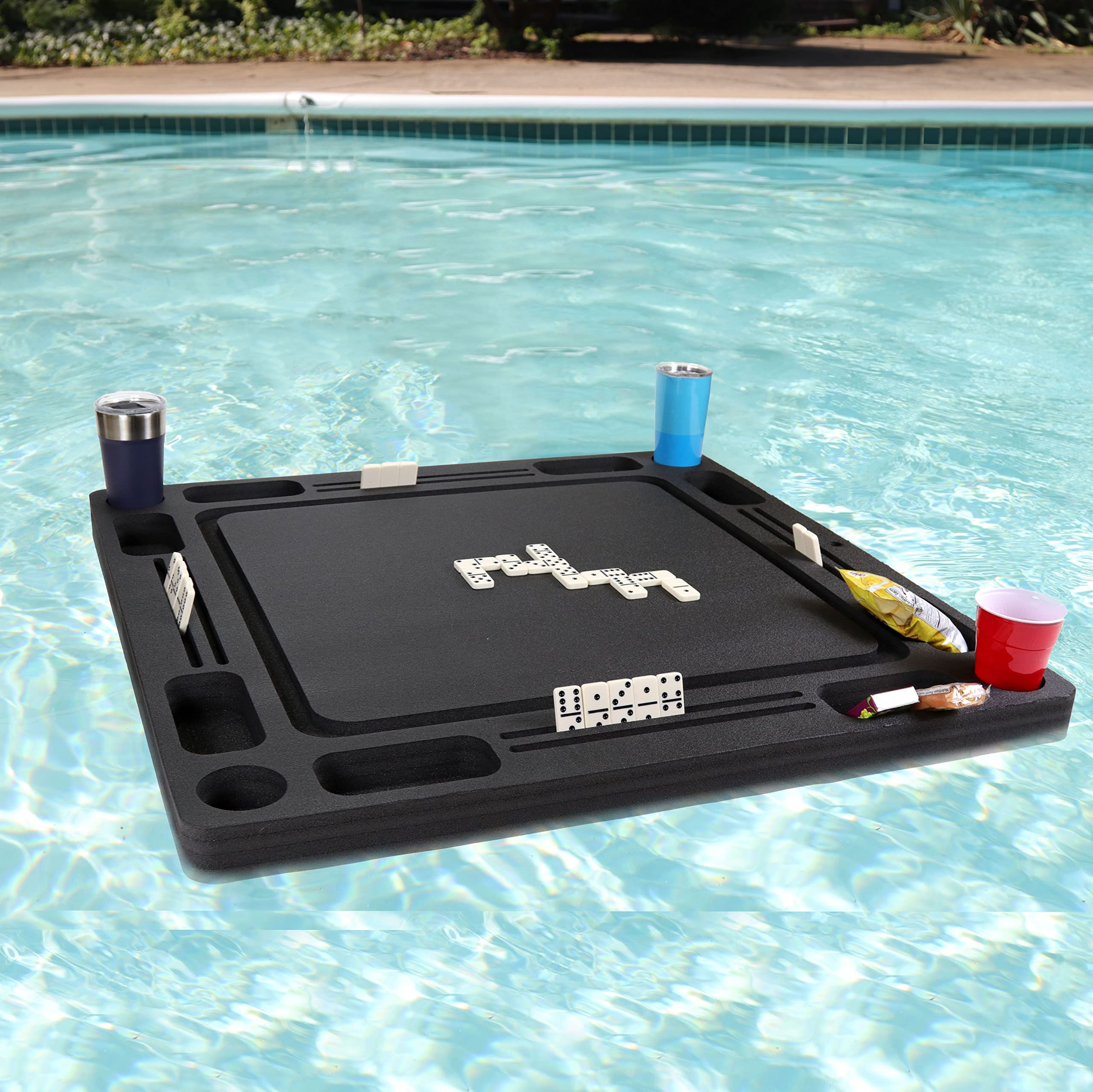 Polar Whale Large Floating Dominoes Table Deluxe Tray for Pool or Beach Party Game Float Lounge Durable Black Foam 3 Feet Wide with Drink Holders and Domino Slots