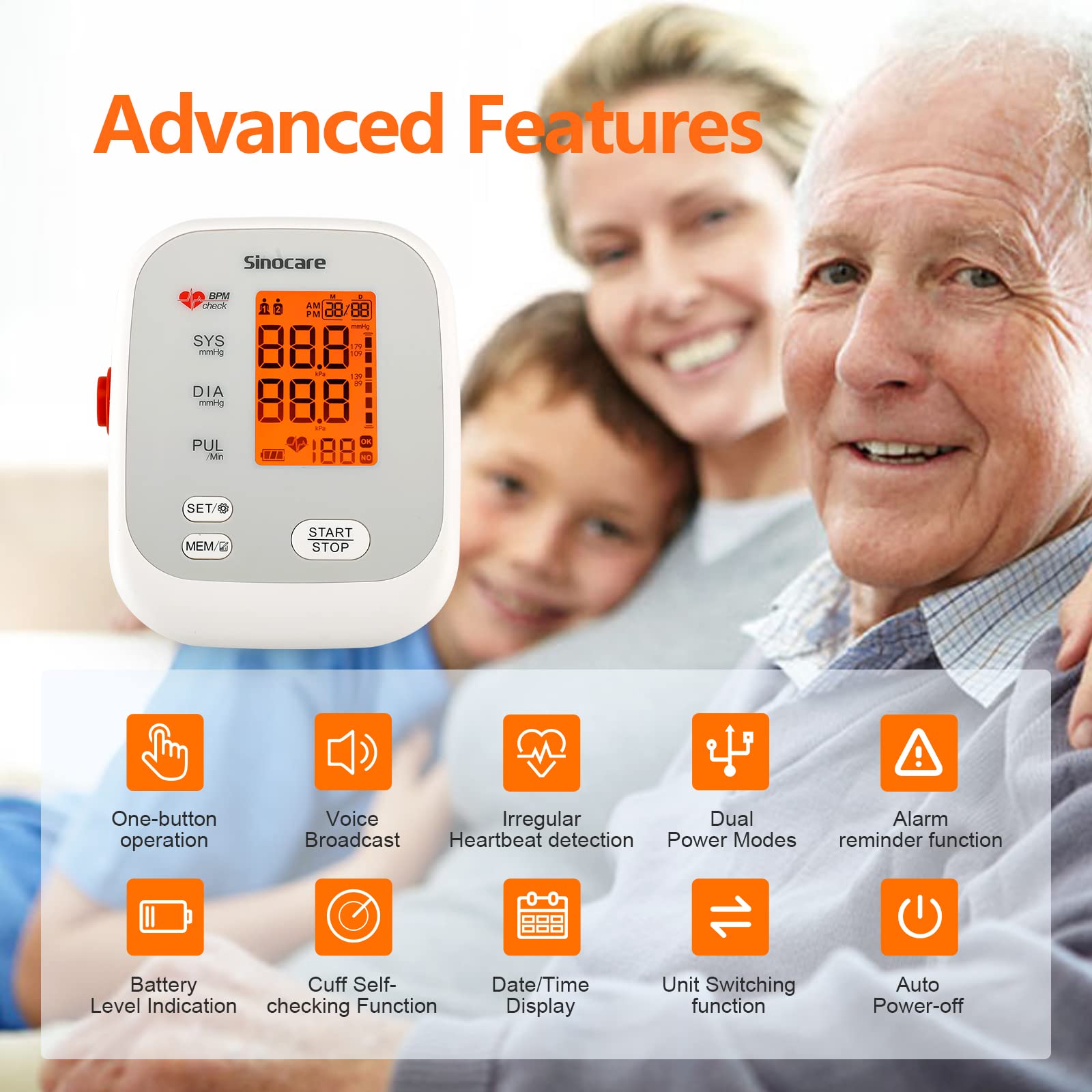 Sinocare Blood Pressure Machine,Upper Arm Blood Pressure Monitor,Automatic Digital BP Machine for Home,Adjustable Cuff and Large Display,Irregular Heartbeat Detector with Batteries
