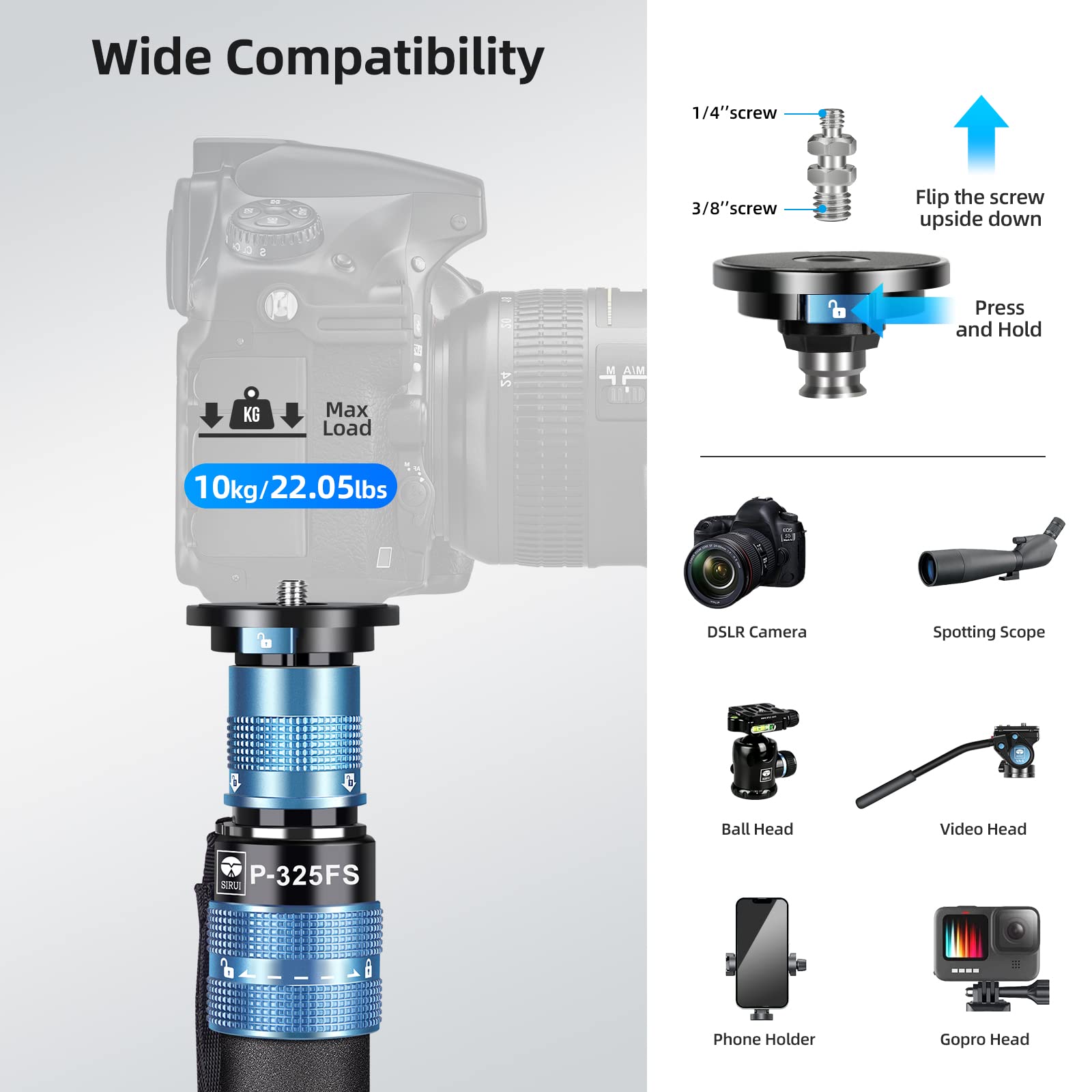 SIRUI P-325FS Monopod with Feet, 55" Carbon Fiber Monopod for Cameras, Professional Lightweight Travel Monopod, Max Load 22lbs, 360° Panorama, 5-Section, Quick Release Plate