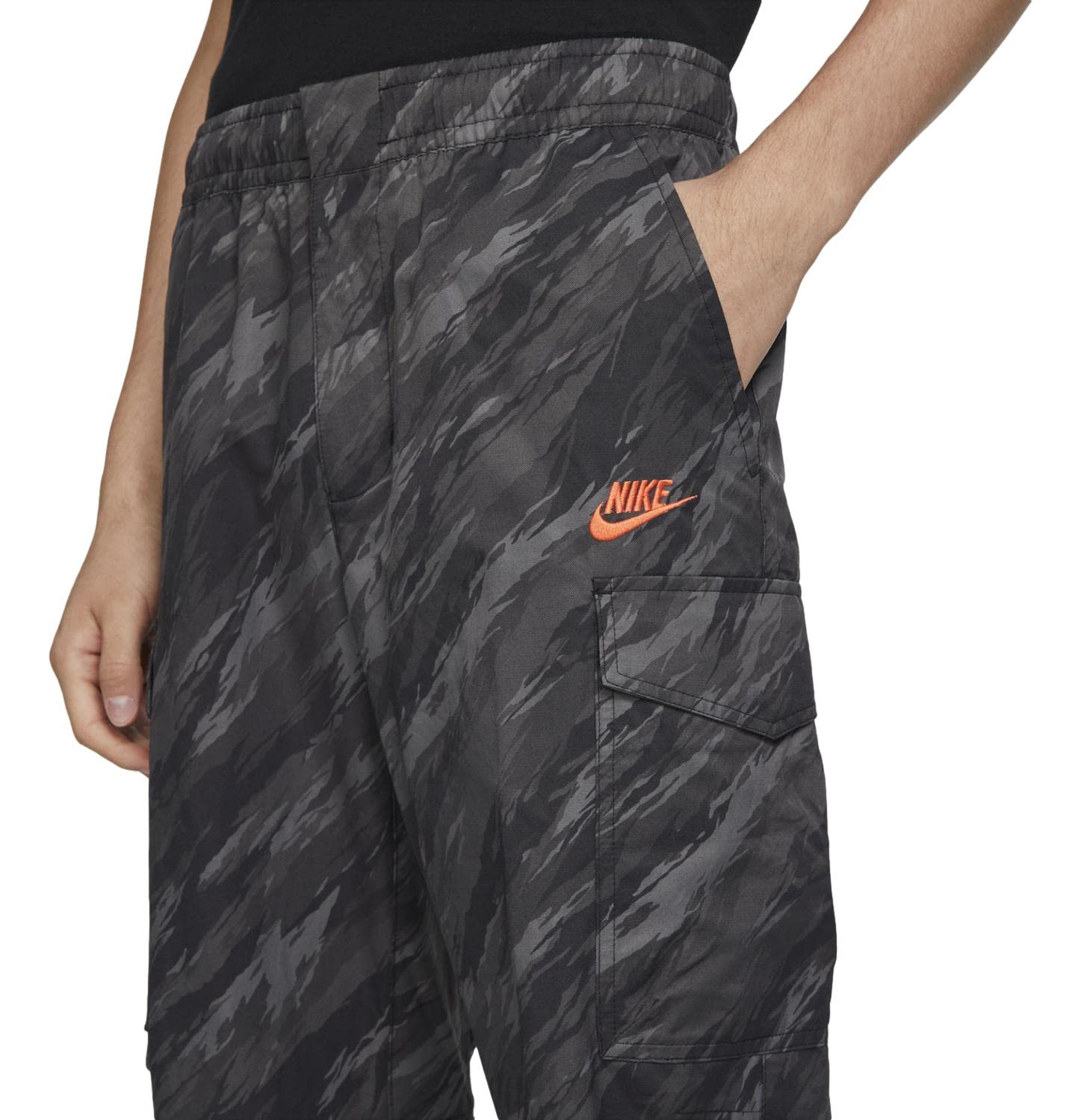 Nike Sportswear Men's AOP Woven Unlined Utility Pants Trousers (as1, Alpha, m, Regular, Regular, Black/Orange, Medium, Regular)