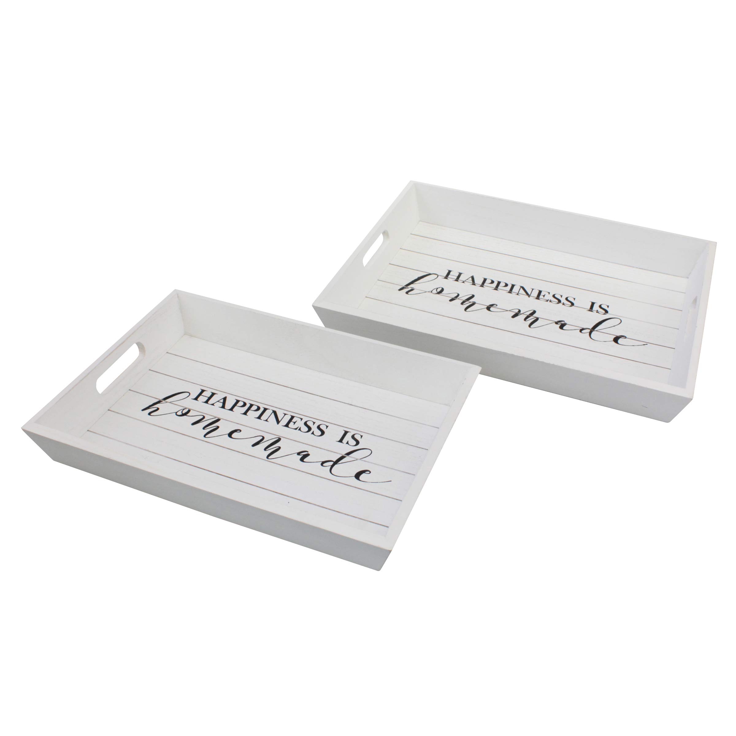 Stonebriar Decorative Rectangle Worn White Wooden Happiness is Homemade Tray Set with Handles