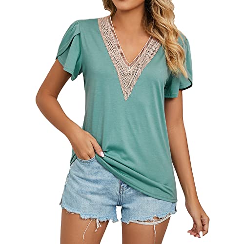 Women's Casual Summer V Neck Solid Color Hollow Gold Lace Stitching Bubble Short Sleeve Loose T Shirt Top