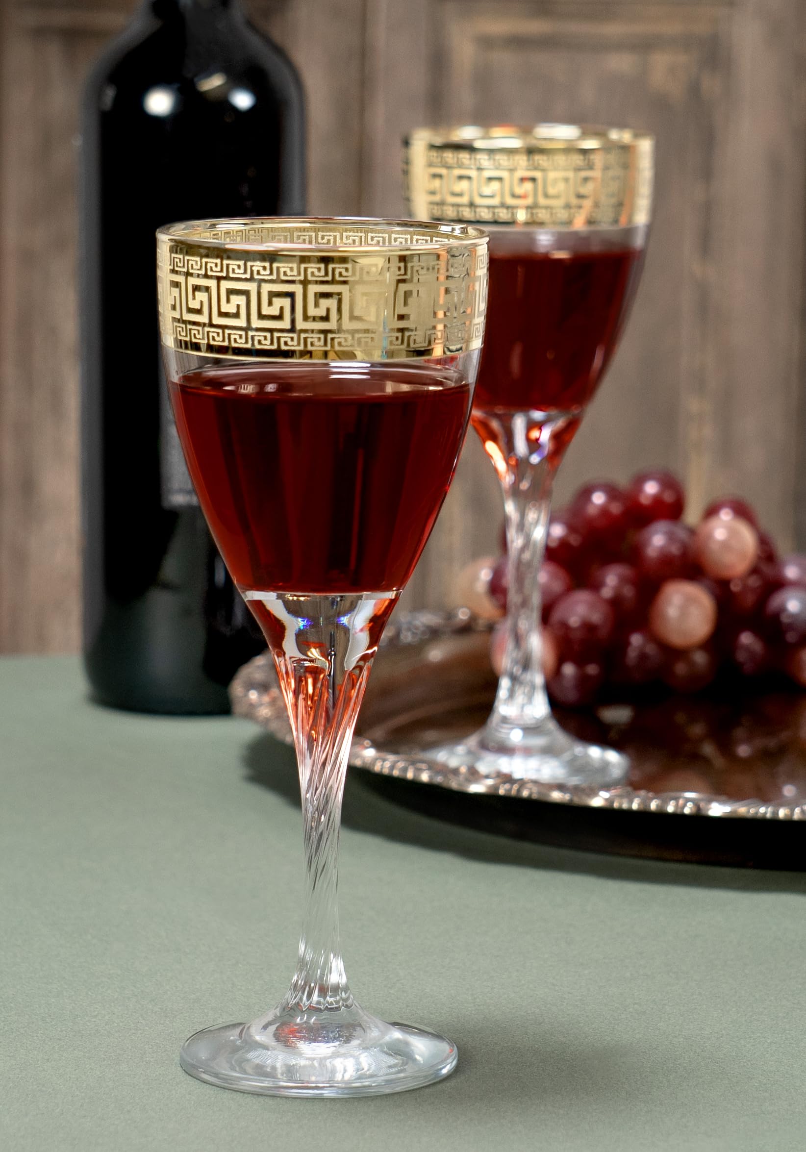 Red Co. Set of 4 Decorated Clear Glass 7 Fl Oz Stemmed Wine Glasses with Golden Greek Key Trim