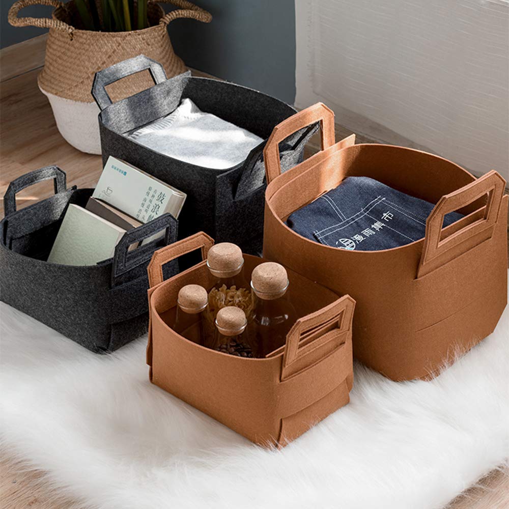 POLATU Felt Toy Storage Bins Basket with Handle Collapsible Toy Organizer for Nursery Storage, Kid's Toy & Laundry, Gift Baskets (Brown,S)