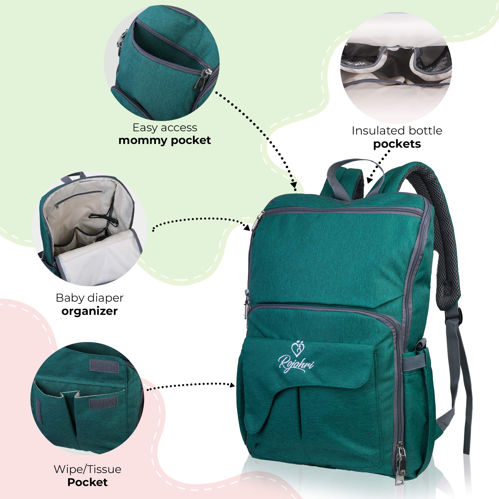 Rojohri Practical Diaper Travel Backpack-Large Multifunctional Baby Bag for Mom and Dad-Compartments for Organizing Essentials, Insulated Pockets- Lightweight and Waterproof Fabric- Teal Blue