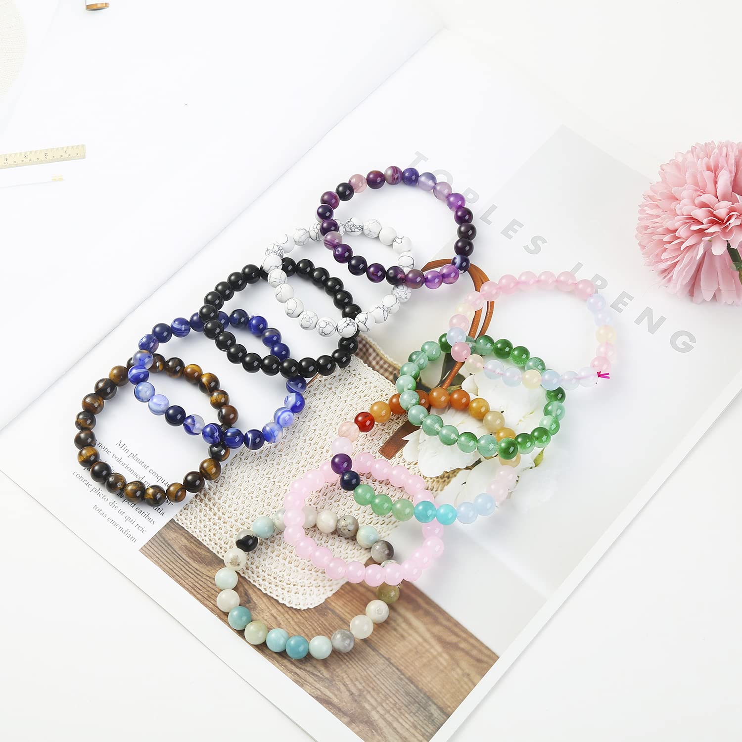 Wremily 12 Pcs Crystal Beaded Bracelet for Women Natural Stone Tiger Eye Quartz Chakra Stretch Bracelet 8MM