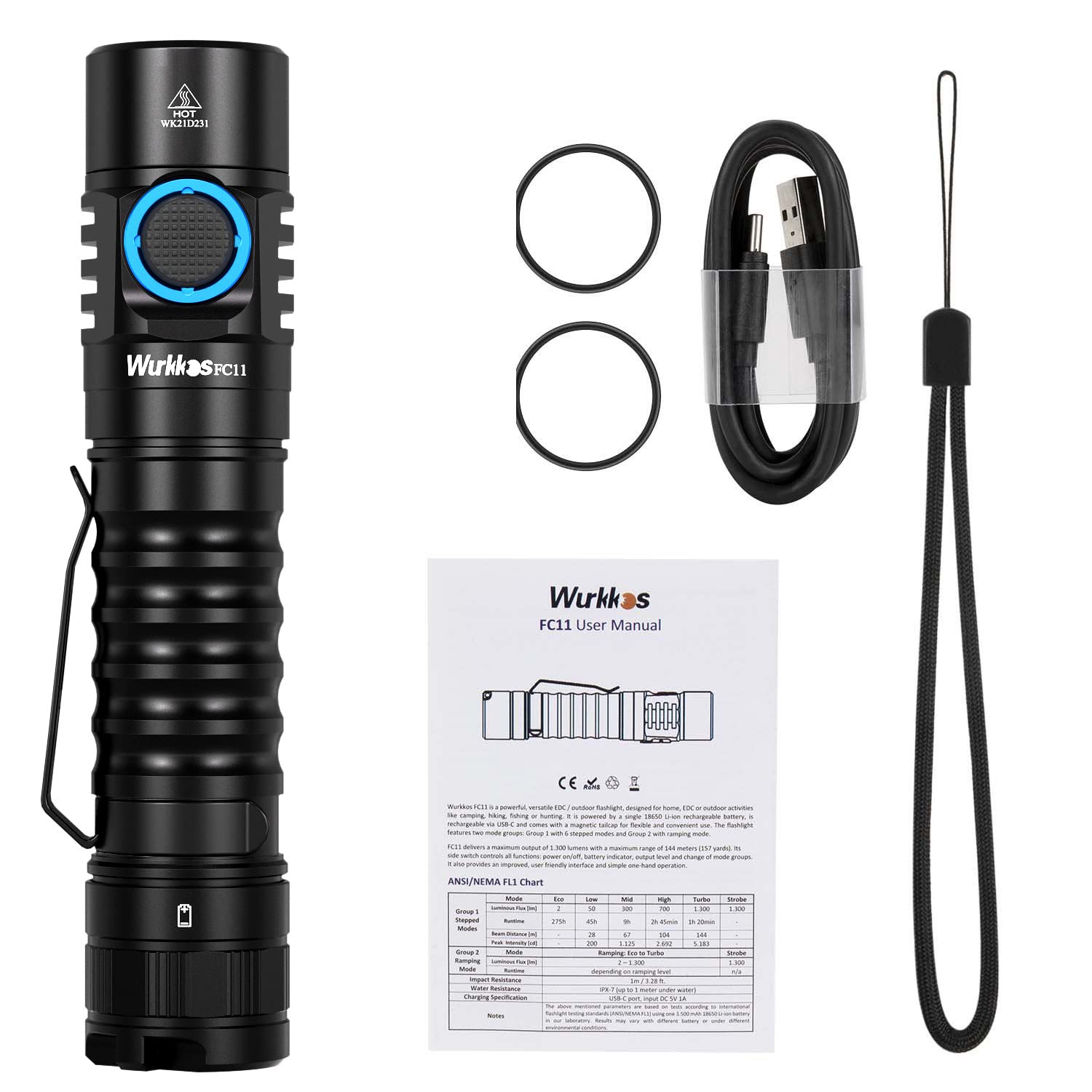 Wurkkos FC11 Rechargeable LED Flashlights Max 1300Lumen High 90CRI EDC Flash Light USB C Charge,IP67 Waterproof Torch, Magnetic Tailcap, Great for Dog Walking Home use Emergency(5000K)
