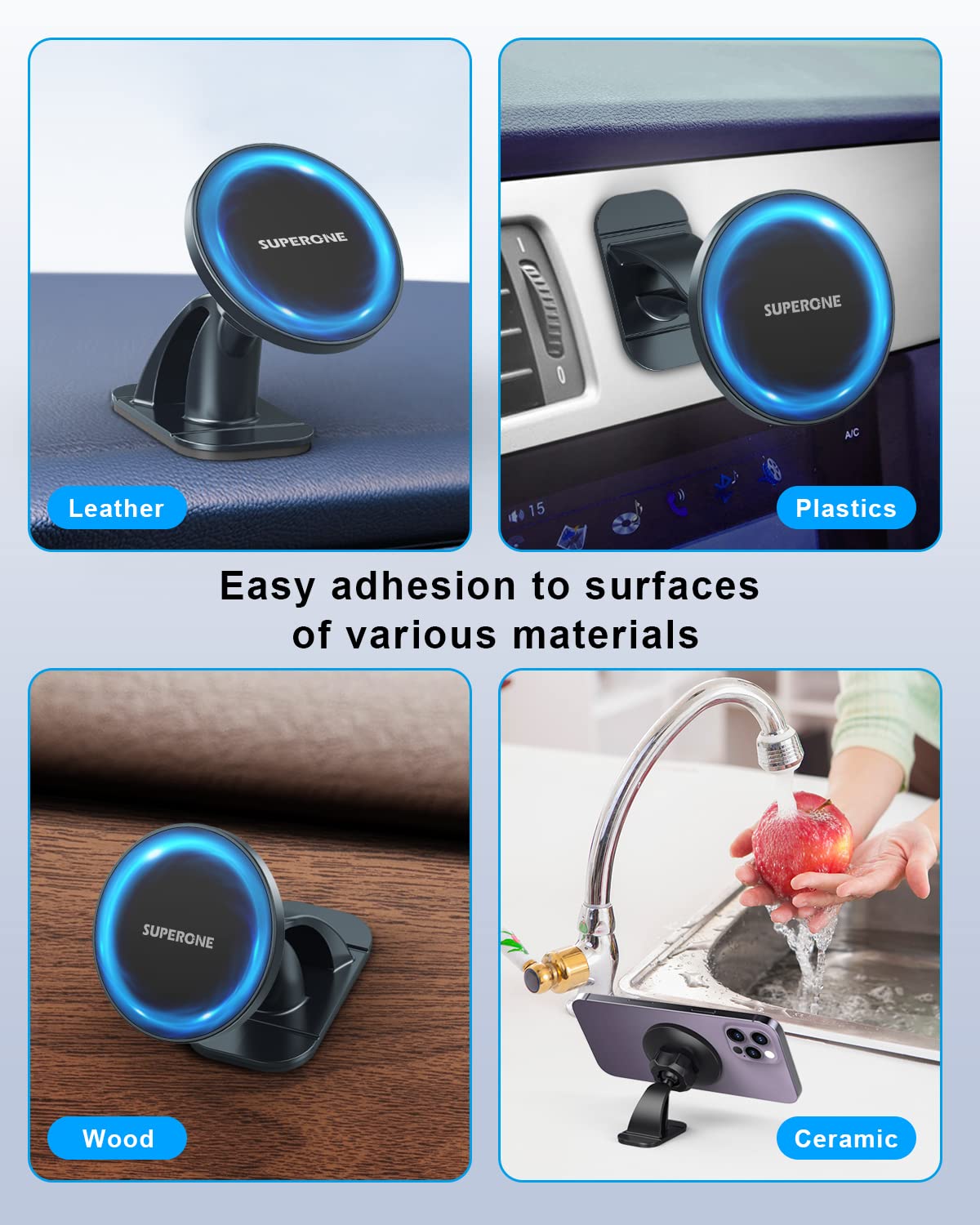 SUPERONE for MagSafe Car Mount, Strong [Never Drop] Magnetic Phone Holder for Car Dash, HandsFree 360° Rotation Phone Mount [Strongest 3M Adhesive] for iPhone 15 14 13 12 & MagSafe Case - Black