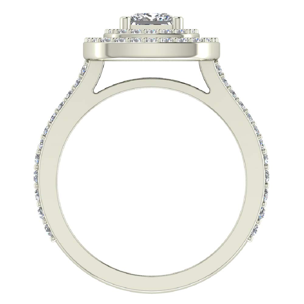Princess Cut Diamond Cushion Style Double Halo V Shank Engagement Ring 1.50 Carat Total Weight 14K White Gold (G,I1) (RS 6.5)
