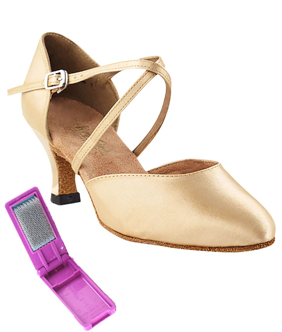 Very Fine Dance Shoes - Ladies Latin, Rhythm, Salsa, Waltz, Wedding Dance Shoes - 9691-2.5-inch Heel and Foldable Brush Bundle - Light Brown Satin - 8.5